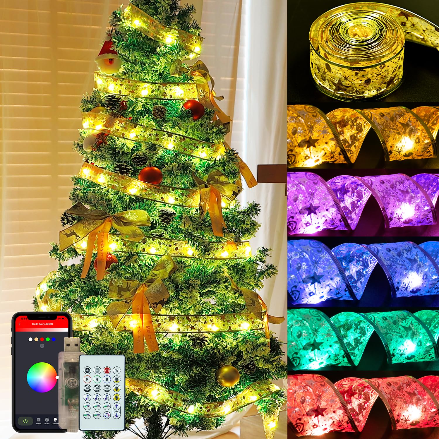 Snapklik.com : 33ft Smart Christmas Tree Ribbon String Lights, 80 Modes ...