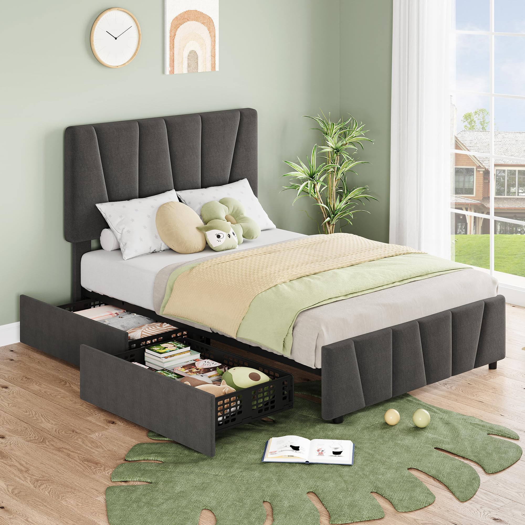 Amazon.com: VECELO Twin Bed Frame with Storage Drawer, Heavy-Duty ...