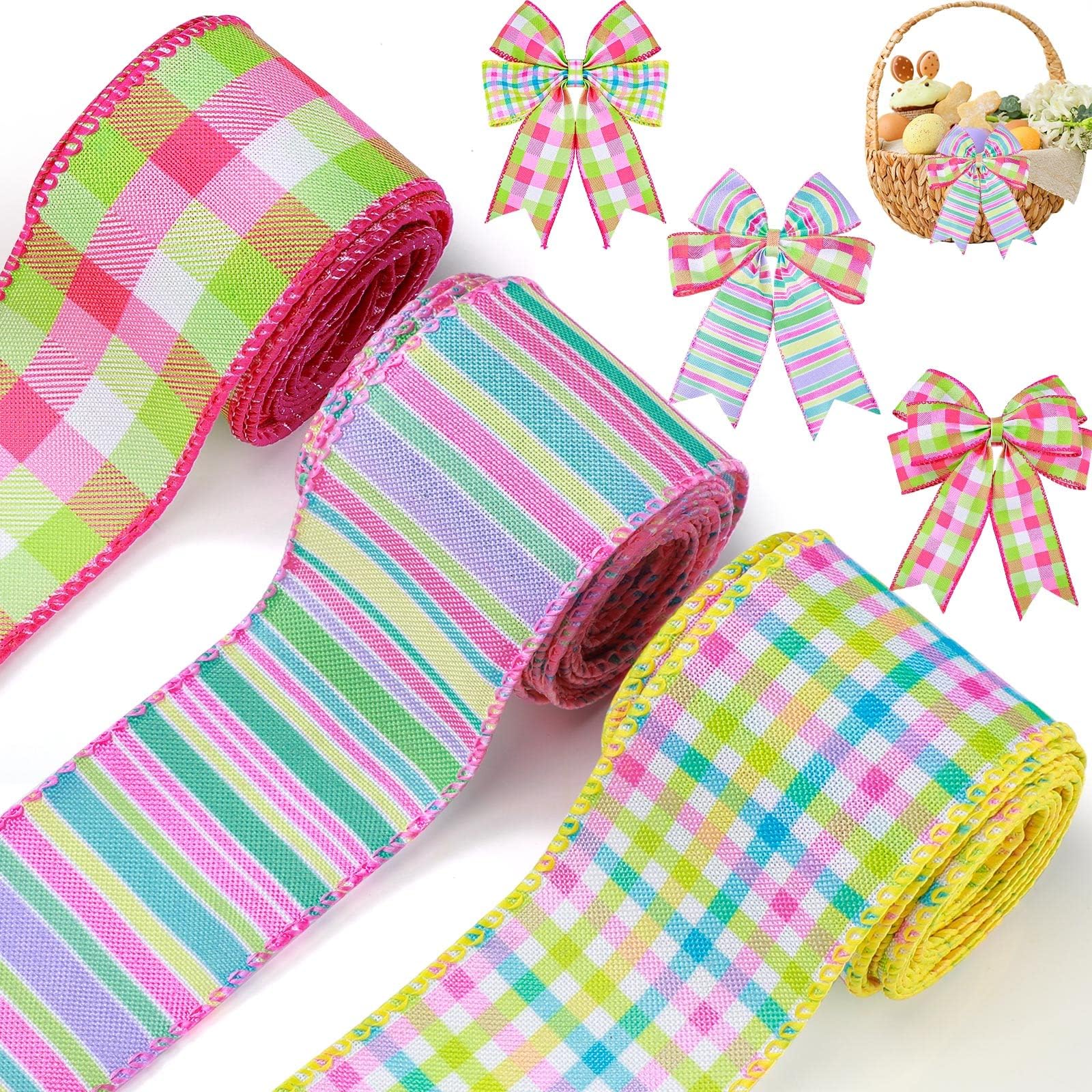 Amazon.com: Easter Plaid Fabric Ribbon Spring Gingham Ribbon Checkered ...