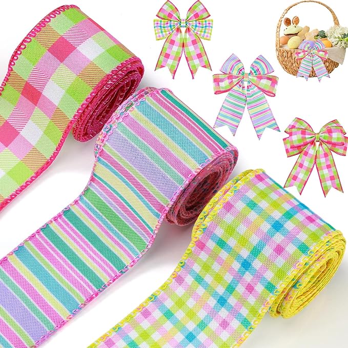 Amazon.com: Xunyee Pastel Easter Plaid Fabric Ribbon Spring Gingham ...