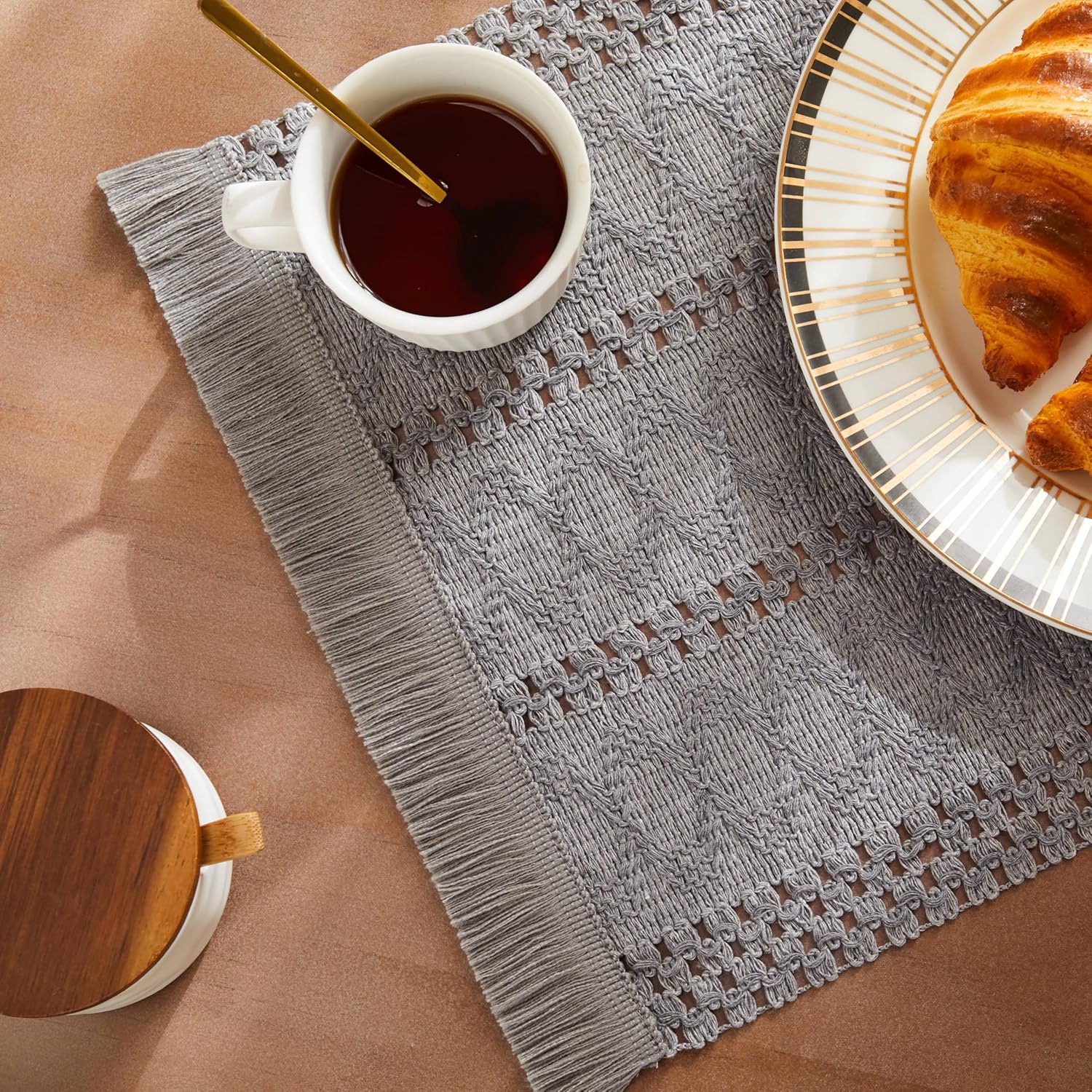 Amazon.com: ZeeMart Macrame Style Boho Placemats Set of 4, Grey ...