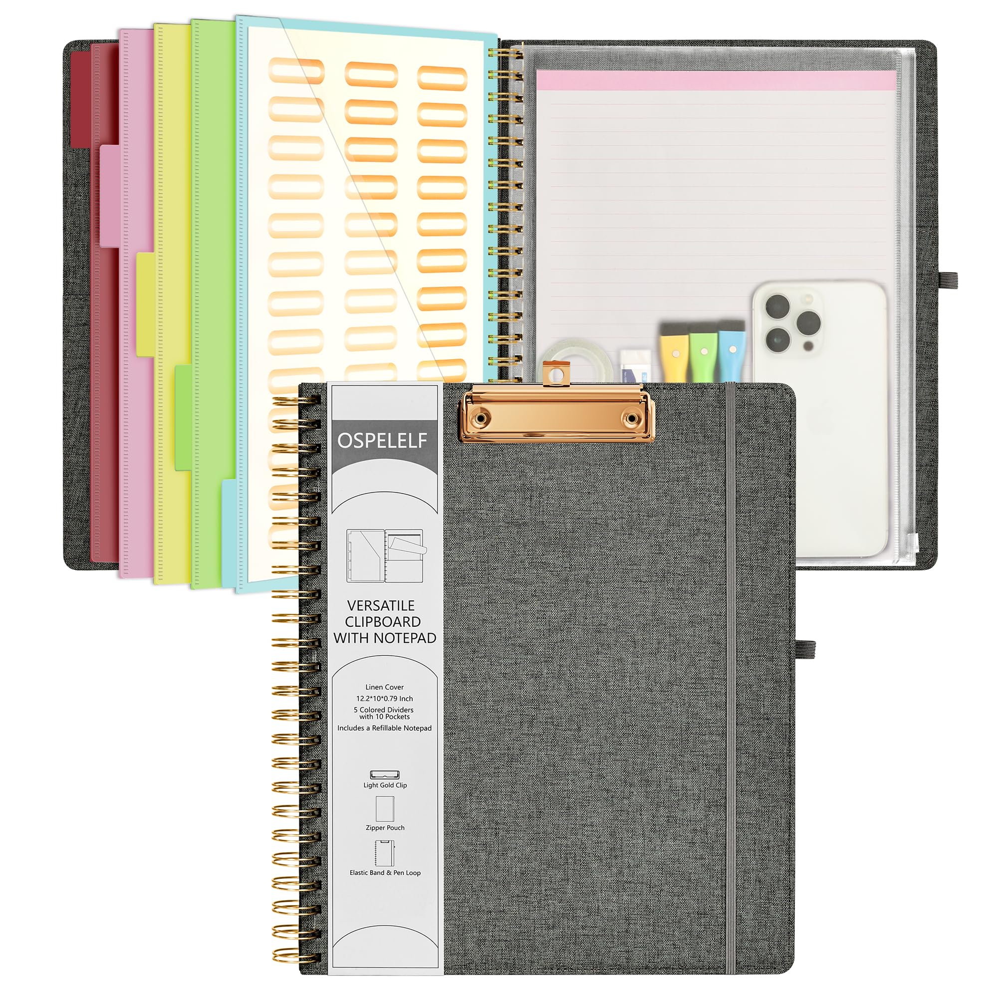 Ospelelf Foldable Spiral Clipboard Folio with Storage Zipper Pouch, 5 ...