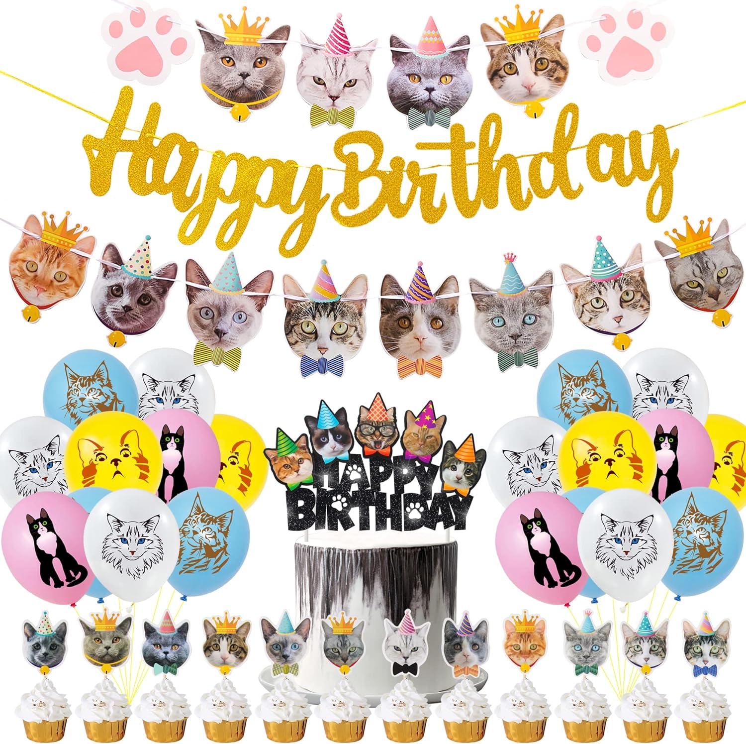 Amazon.com: 42pcs Cat Birthday Party Decoration Set, Cat Face Banner ...