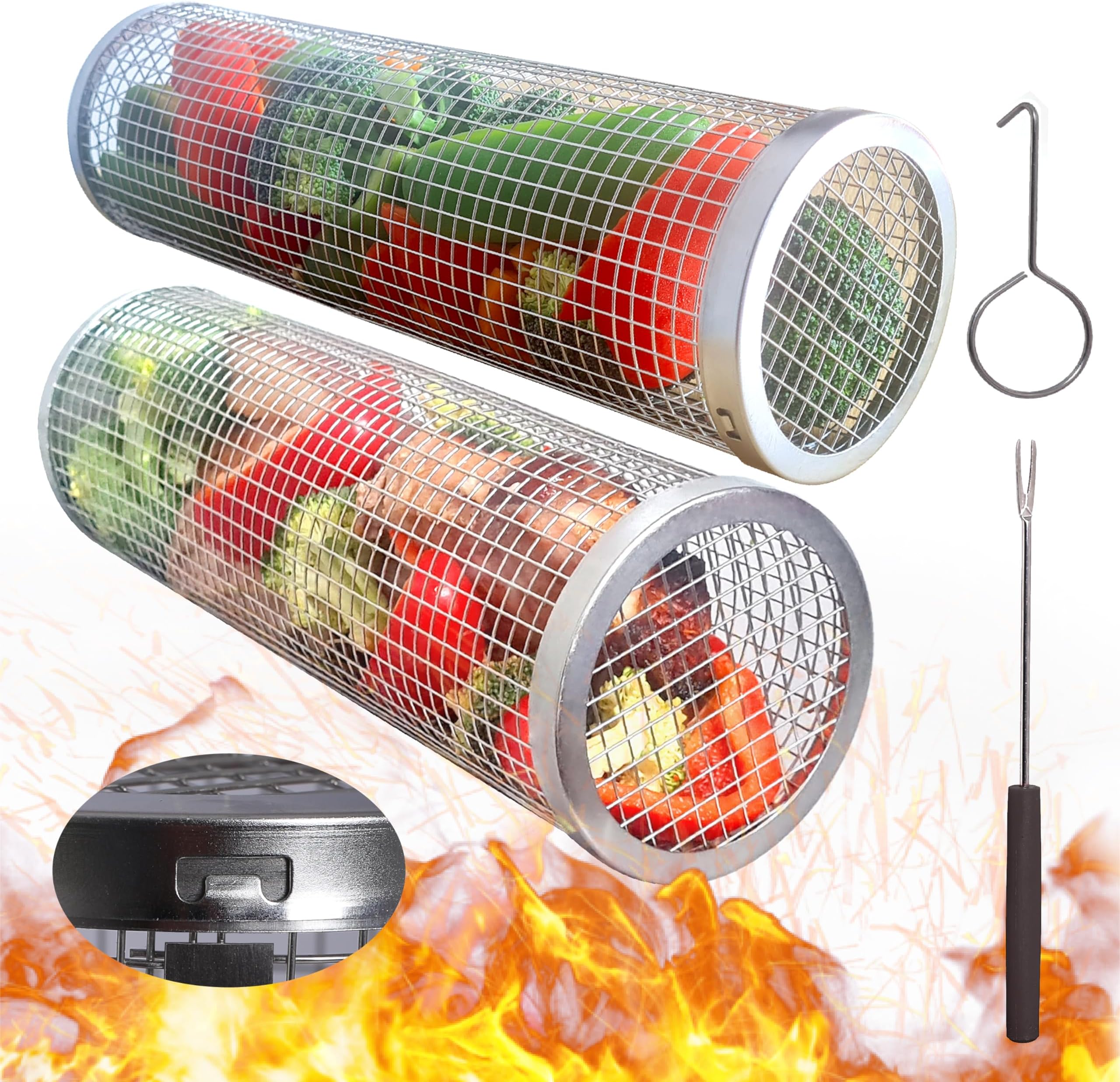 Amazon.com: Rolling Grill Basket for Outdoor Grilling Camping BBQ Net ...