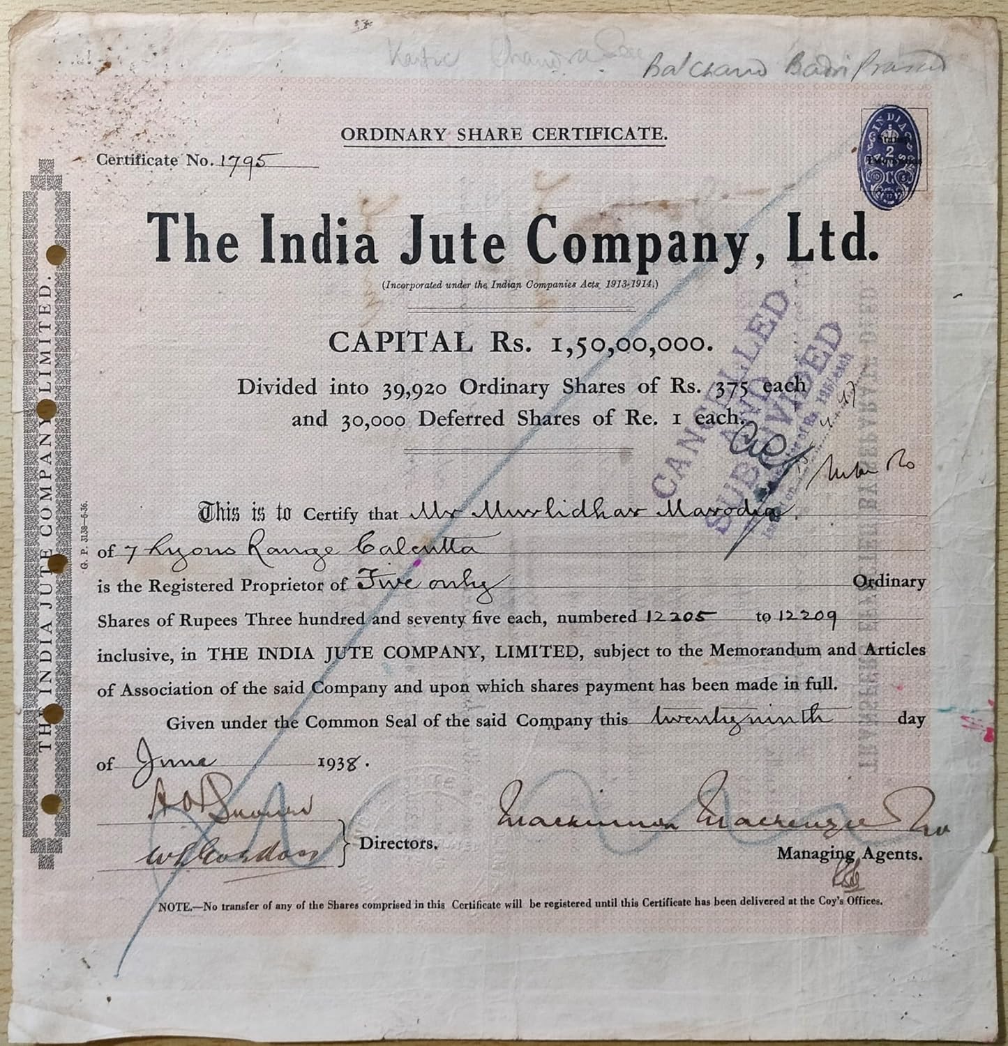 Mahaphilla British India The Jute Company Ltd. Share Ceritificate with ...