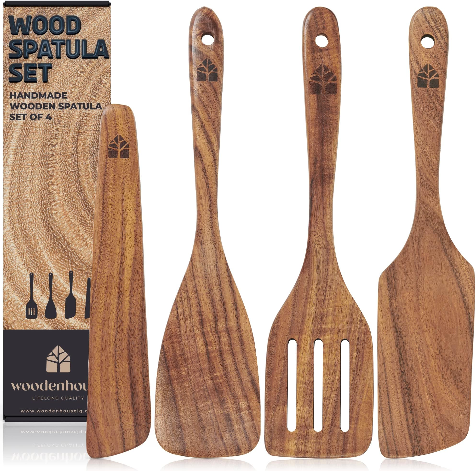Amazon.com: Wooden Spatula, 2Pcs Long Handle Flat Non-Stick Kitchen ...