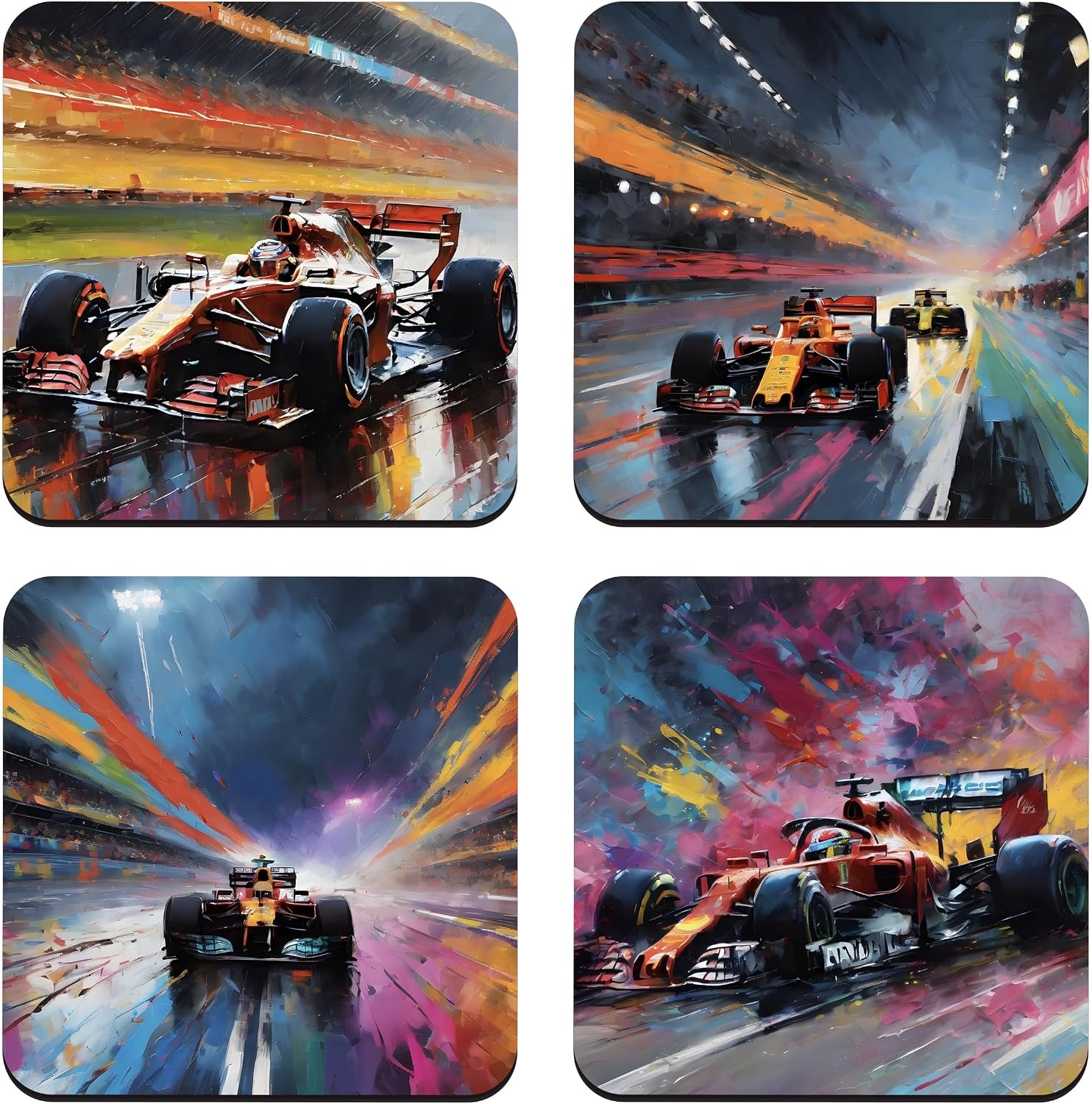Racing Car Coaster Set, 4 x Motor Race Art 9cm Glossy Wood Drinks Mats ...