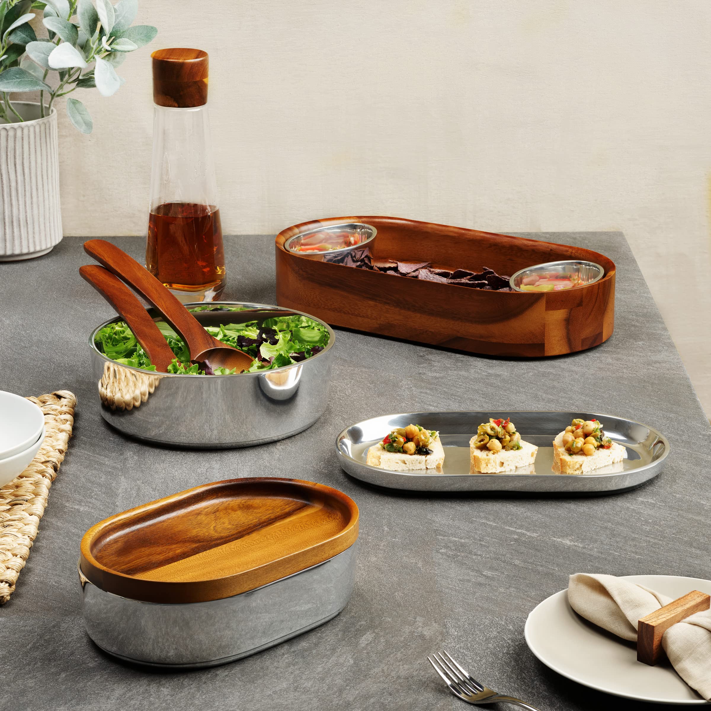 Snapklik.com : Nambe Oblong Nest Chip And Dip Serving Bowl Wooden ...