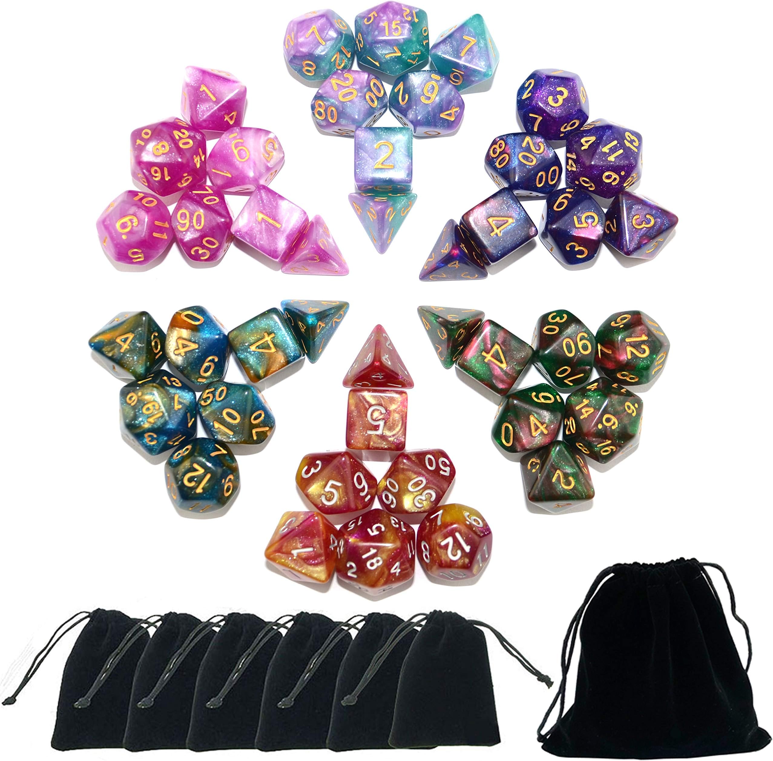 SmartDealsPro 6 x 7PCS(42 Pieces) Glitter Polyhedral Dice Sets with Pouches for DND RPG MTG ...