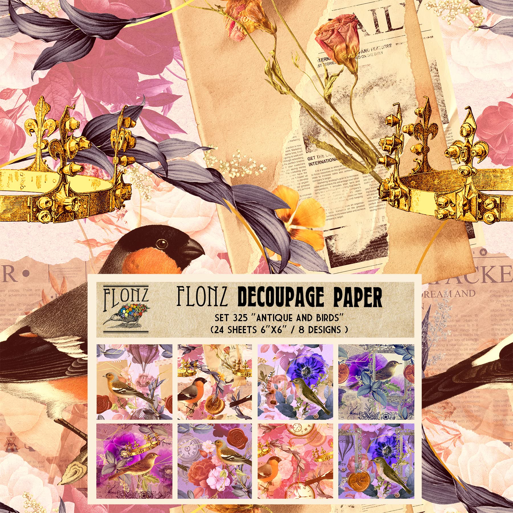 Amazon.com: Decoupage Paper Pack (24 Sheets 6"x6") Antique and Birds ...