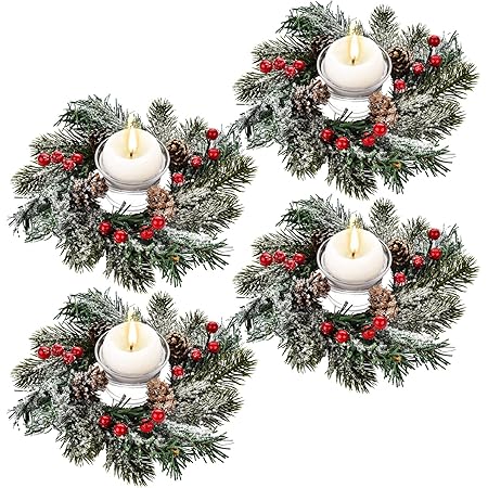 Amazon.com: Christmas Candle Rings Artificial Red Berries Snowy Pine ...