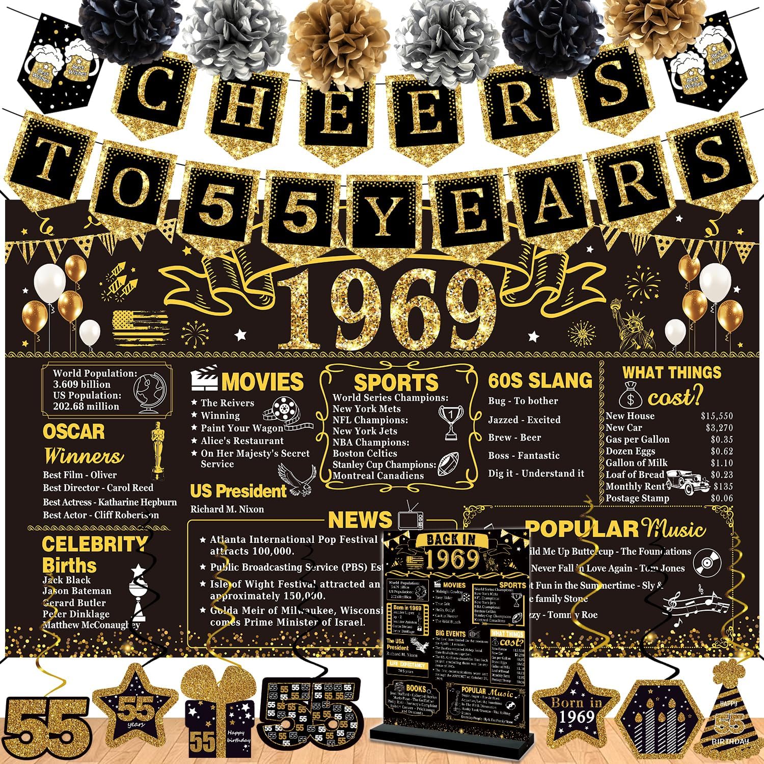55th Birthday Decorations for Men Women,16PCS Back in 1969 Banner ...