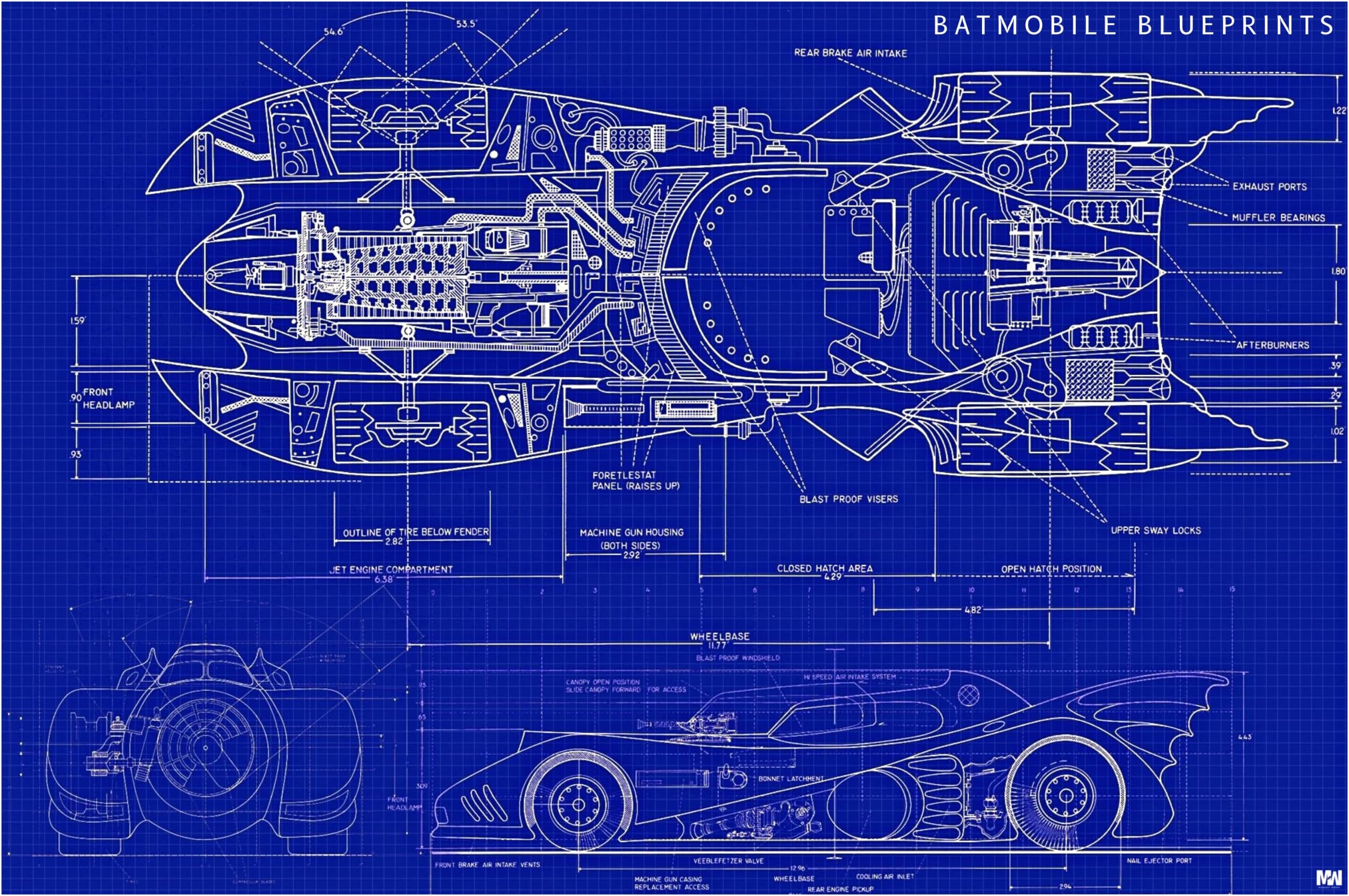 Midnight Works Batman Batmobile Blueprint Poster 18 x 12 inch 300 GSM ...