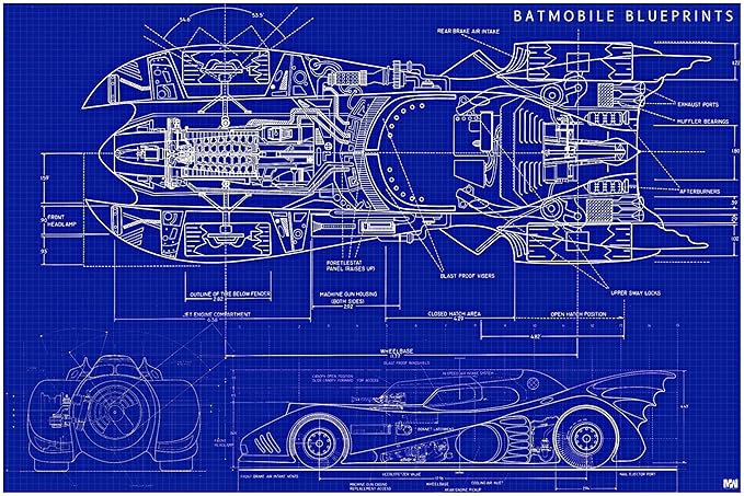 Midnight Works Batman Batmobile Blueprint Poster 18 x 12 inch 300 GSM ...