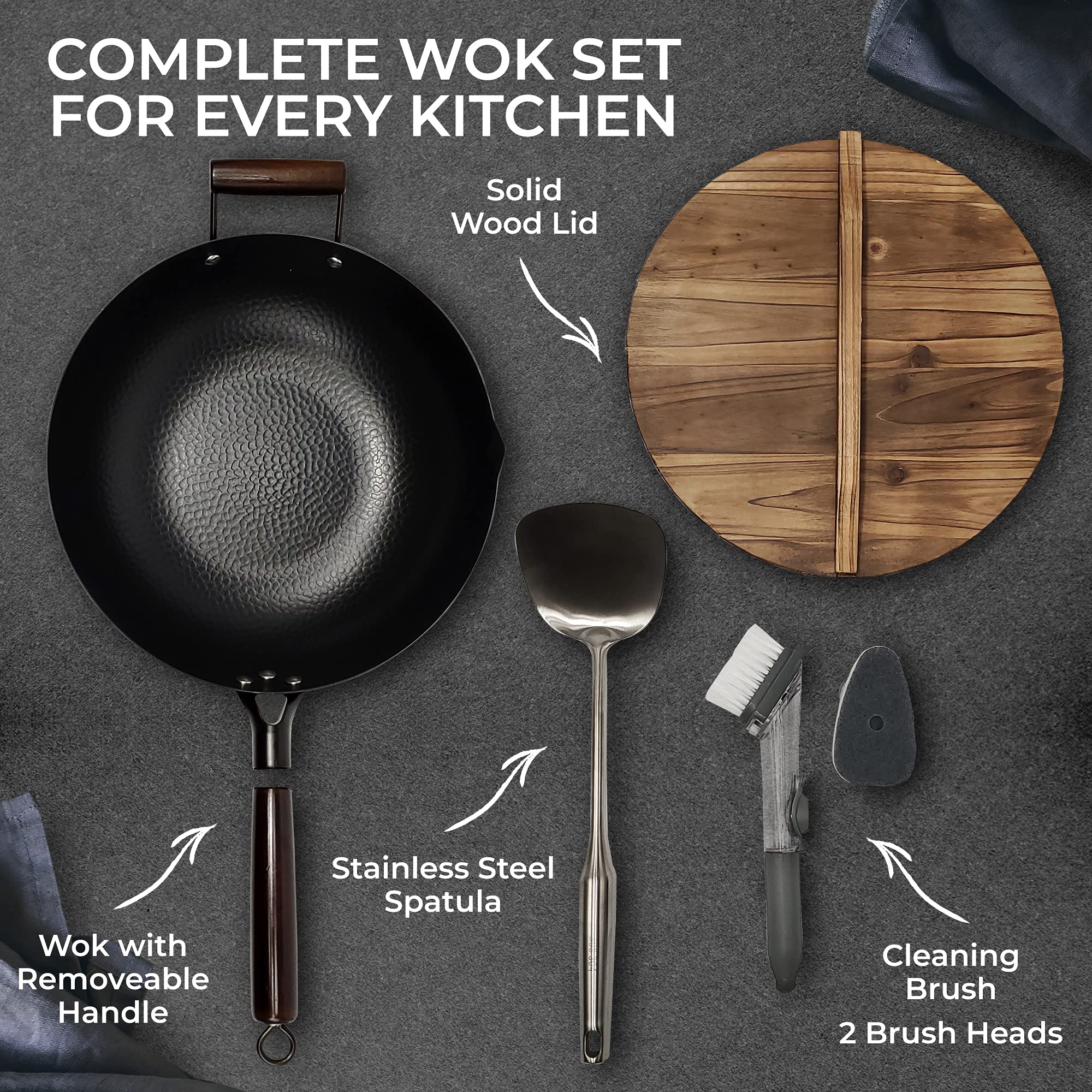 HOME EC Carbon Steel Wok Pan With Lid, Stir Fry Wok Set, Steel Spatula ...