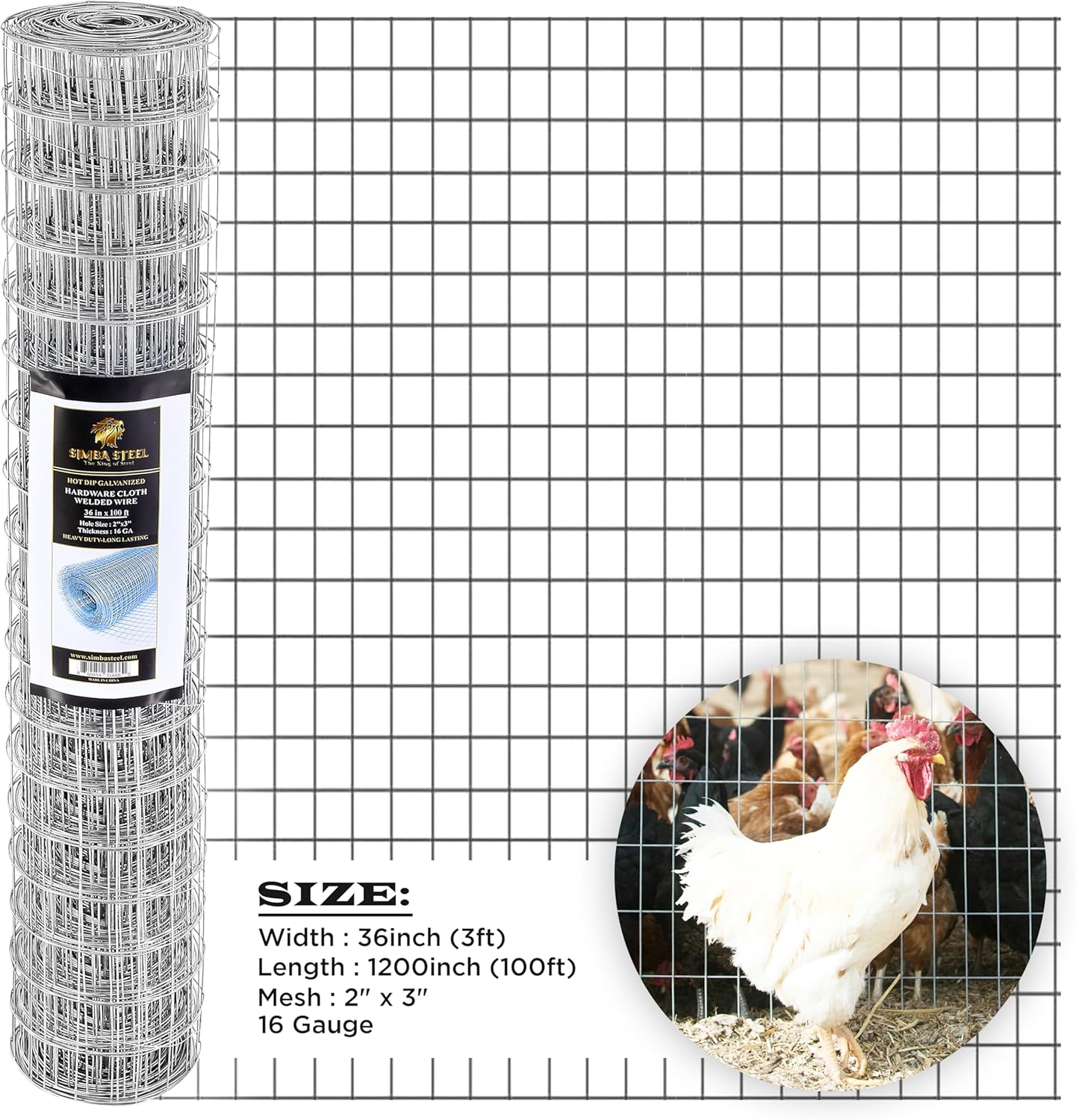 SIMBA STEEL - 36” x 100 FT Hardware Cloth 2 x 3 inch Mesh 16 Gauge Hot ...