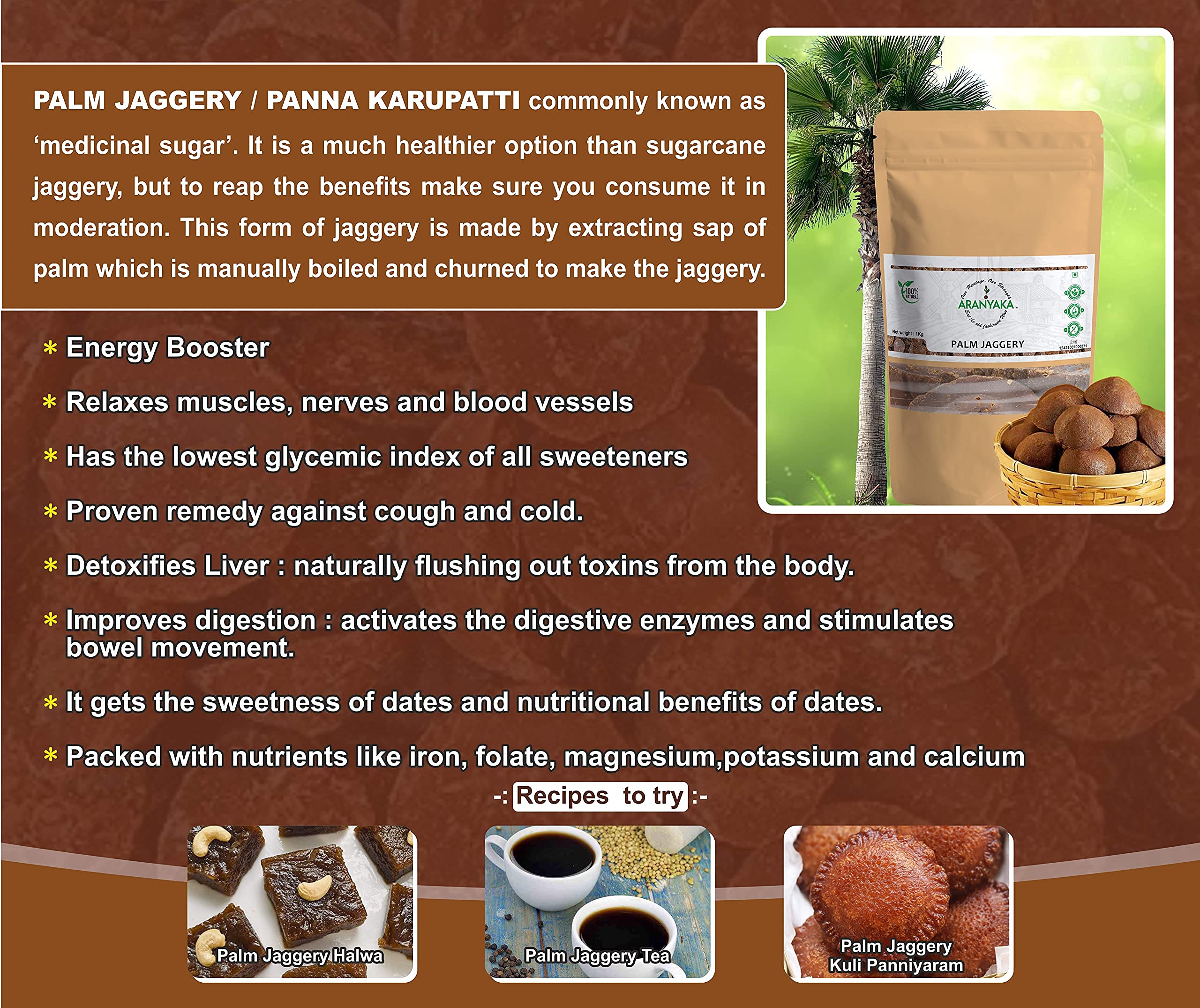 Aranyaka Pure Organic Palm Jaggery Blocks |1000 Grams |100% Natural (No ...