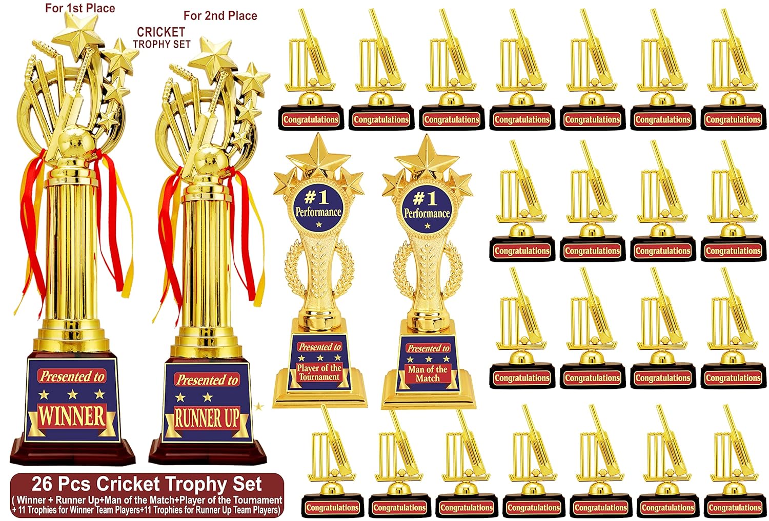 Aark India 26 Pcs Cricket Trophies Full Set for 1st and 2nd Place+Man ...