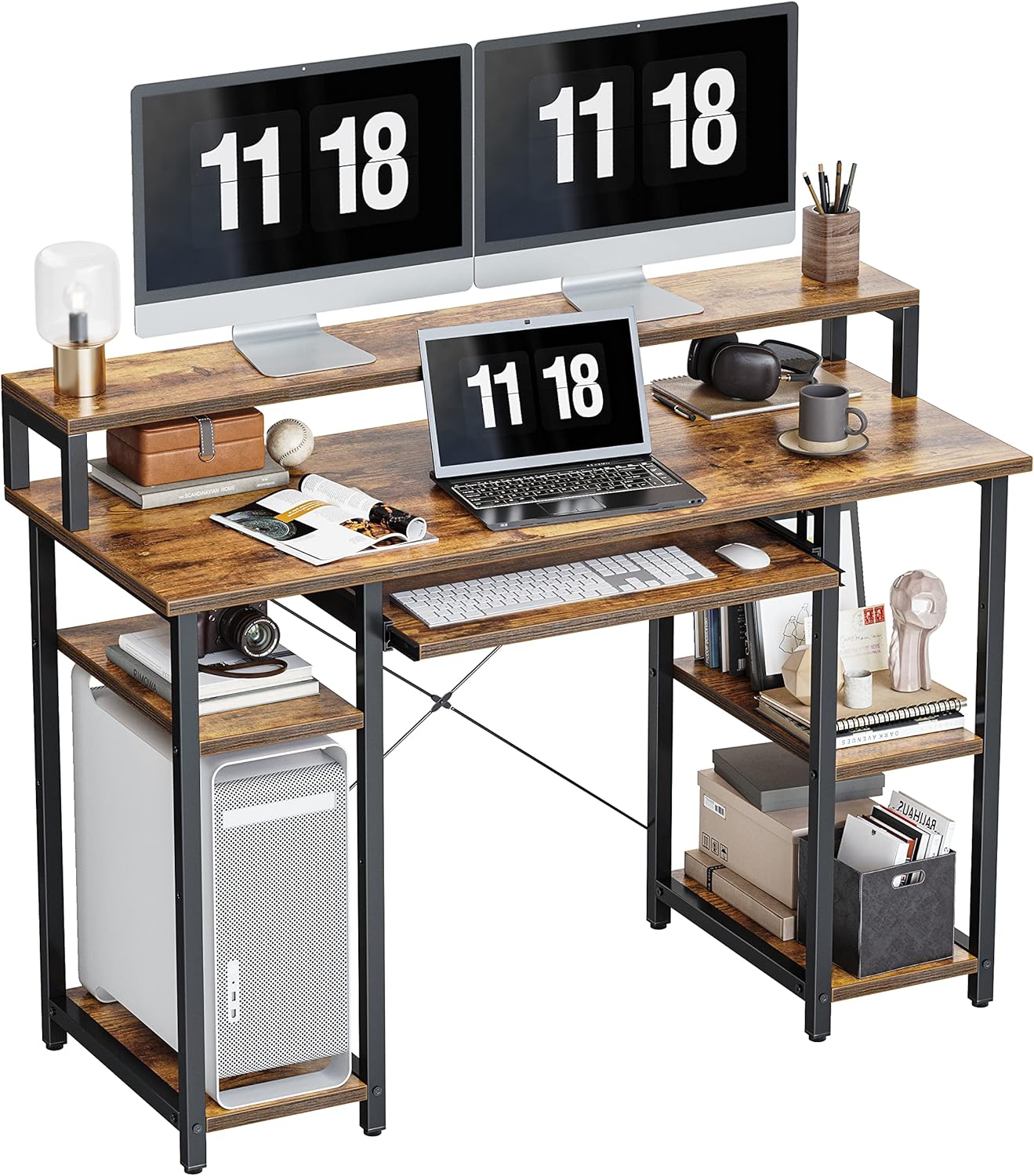 CubiCubi 120cm Computer Desk with Storage Shelves, Monitor Stand and ...