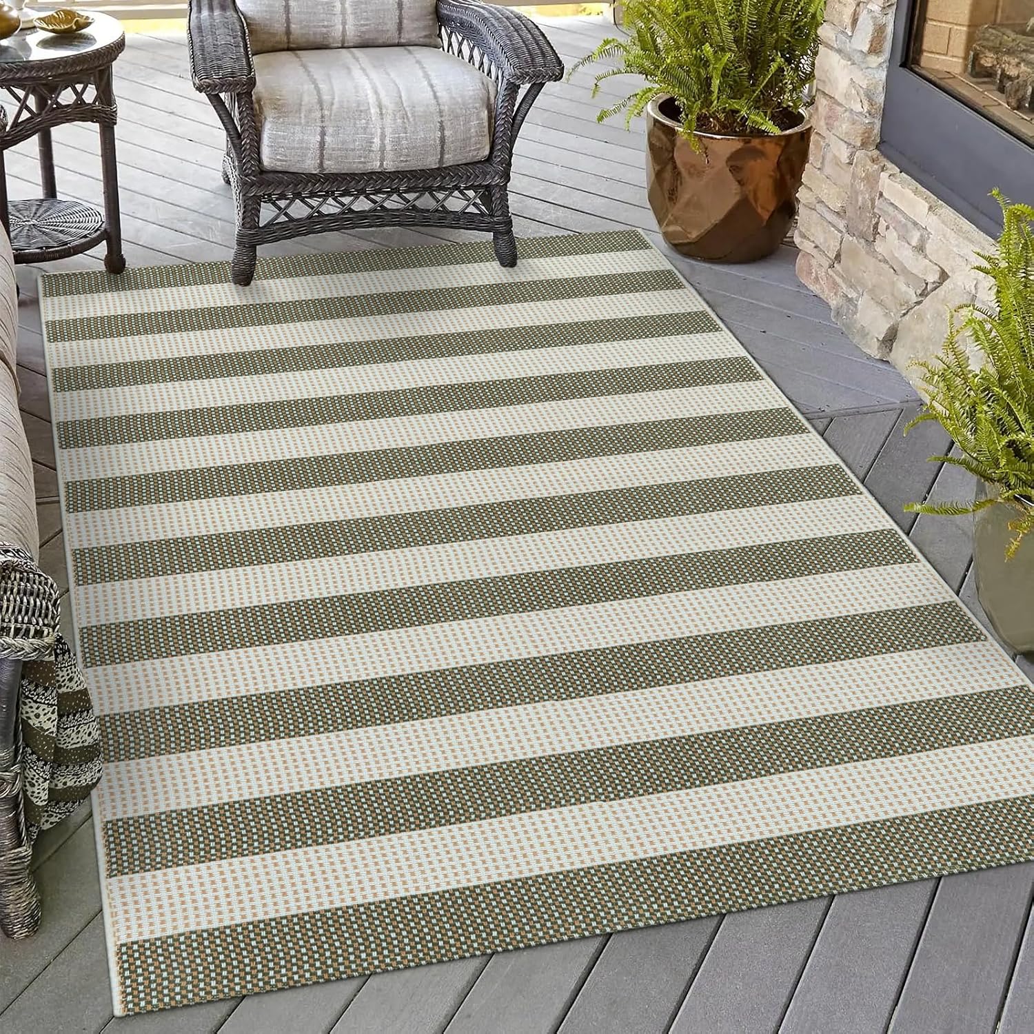 Amazon.com: OJIA Green and White Striped Outdoor Area Rug 4x6 ft ...