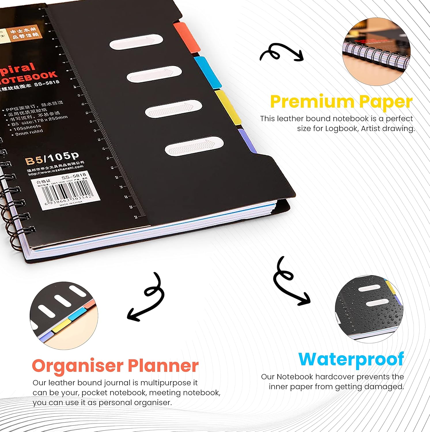 HomeXX A5 Notebook, Lined Paper, Spiral Organiser Planner, 105 Pages ...