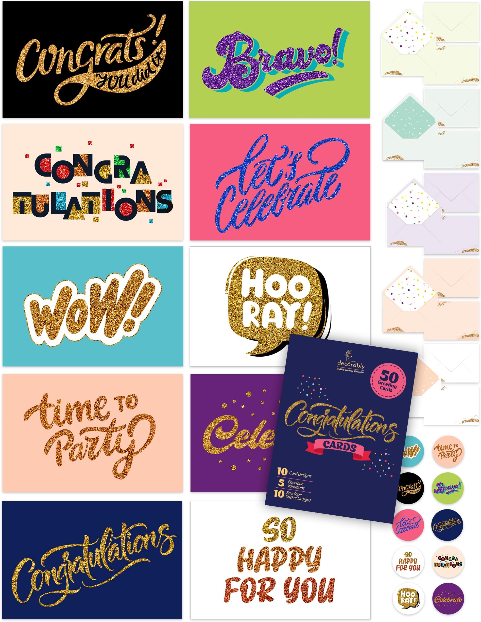 Amazon.com : Decorably 50 Pack Glittery Congratulations Cards with ...
