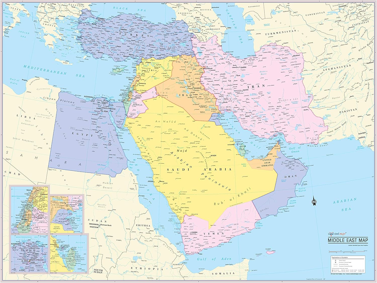 Amazon.com : Cool Owl Maps Middle East Wall Map Poster (Paper) : Office ...