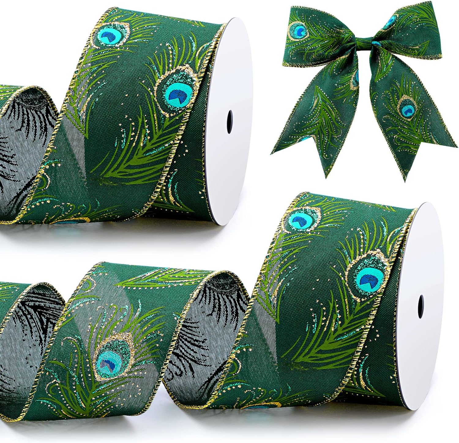 Amazon.com: 2 Rolls Peacock Print Wired Ribbons 10 Yards Peacock ...
