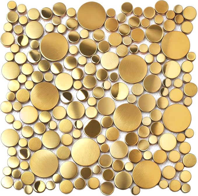 Blujellyfish Gold Tile for Kitchen Backsplash Wall Penny Round Bubble ...