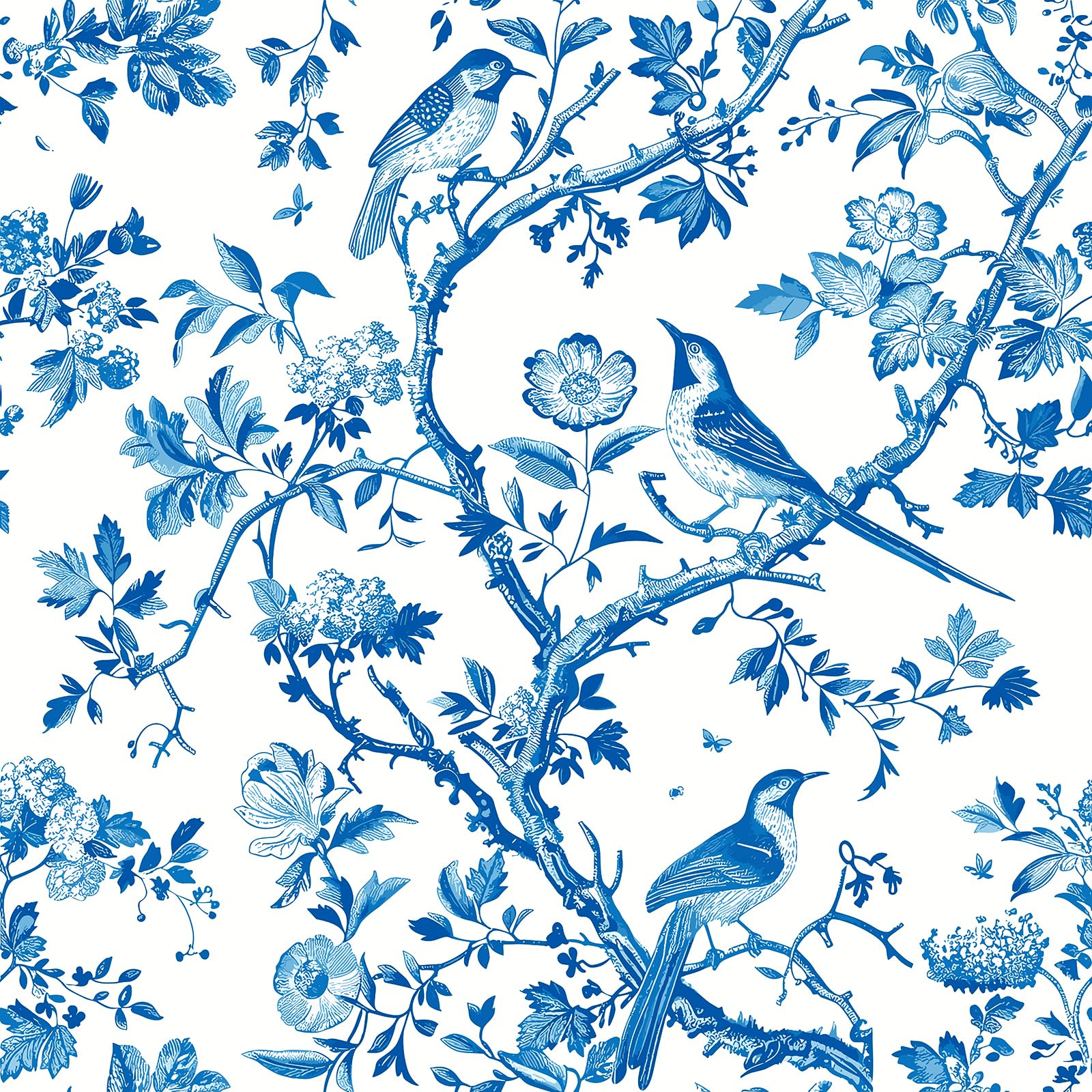 VaryStyle Blue Floral Tree Wallpaper Vintage Blue White Birds Floral ...