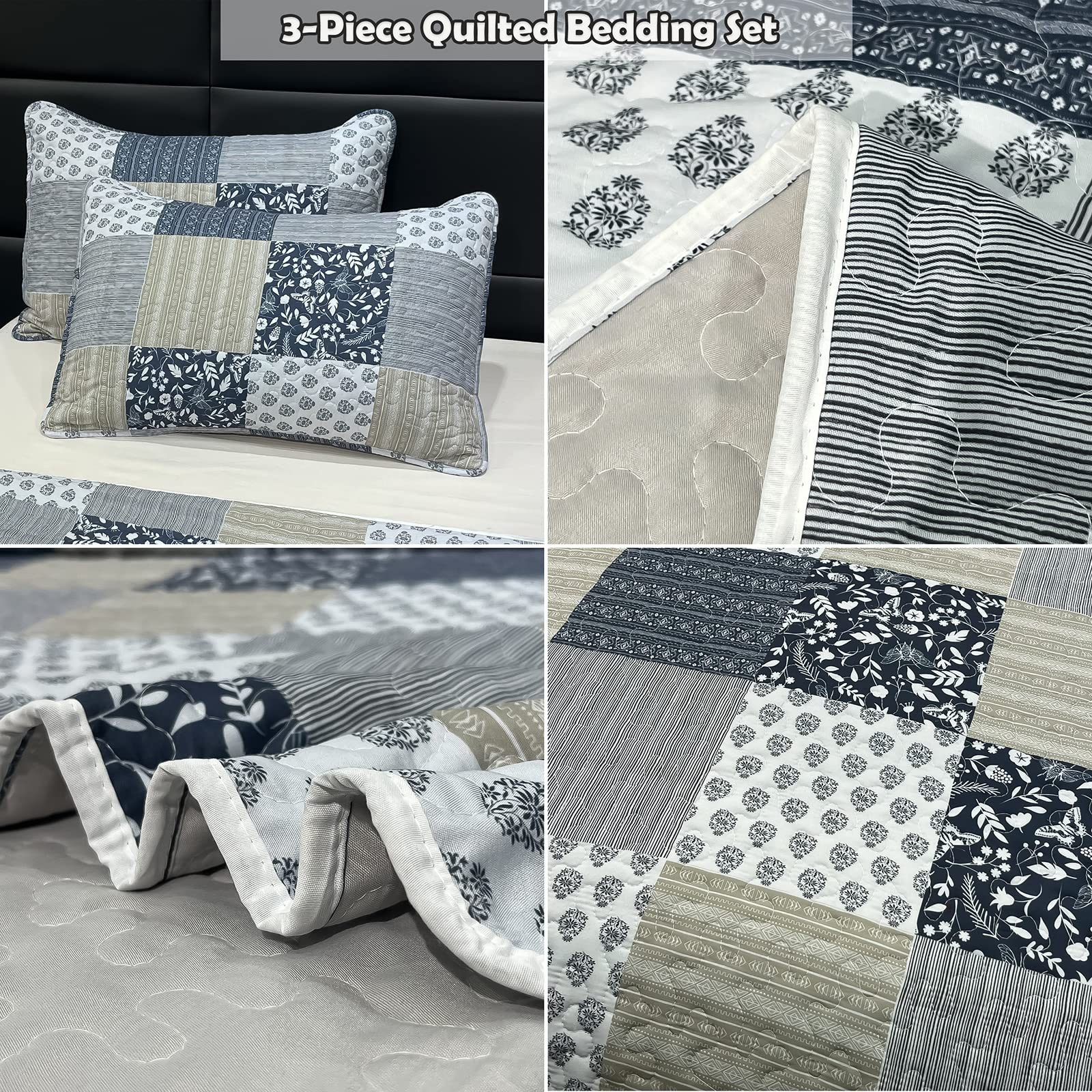 Navy Blue Gray Quilt Set King Size 3 Piece Patchwork Bedspread Coverlet ...