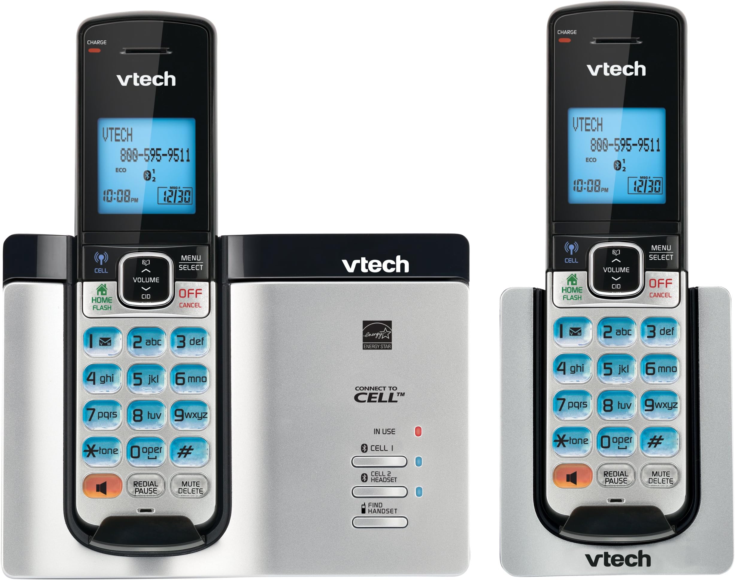 Vtech DECT 6.0 2 Cordless Phones with Bluetooth Connect-to-Cell, Caller ...