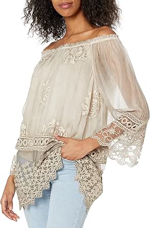 M Made in Italy Women's Lace Embroidered Tunic Top, Taupe, Large at ...