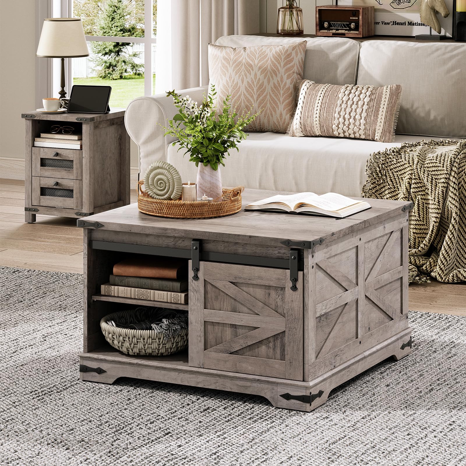 Snapklik.com : HOOBRO Greige Farmhouse Coffee Table