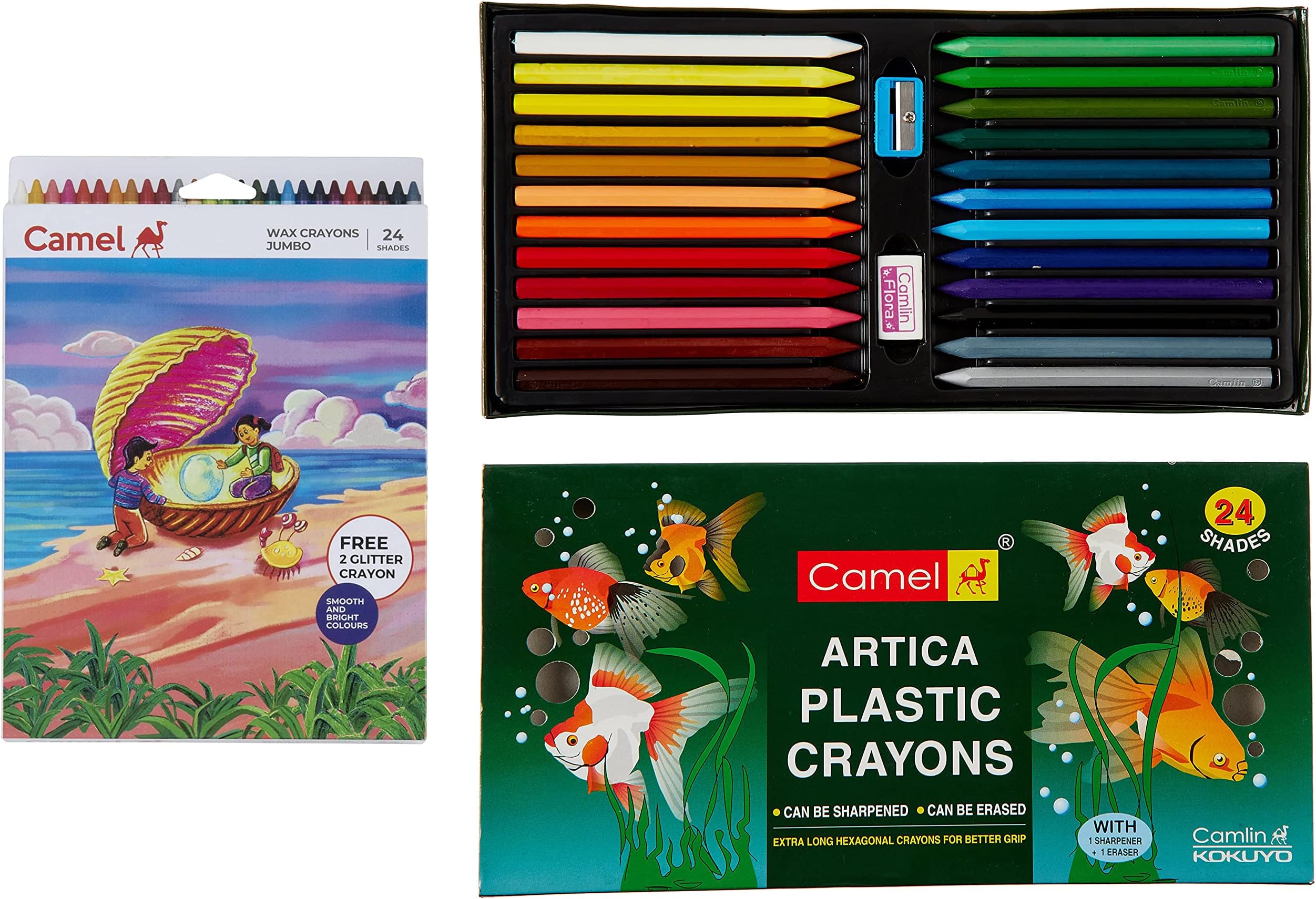Camel Wax Crayons + 2 Glitter Shade Free - 24 Shades Plastic Crayons ...