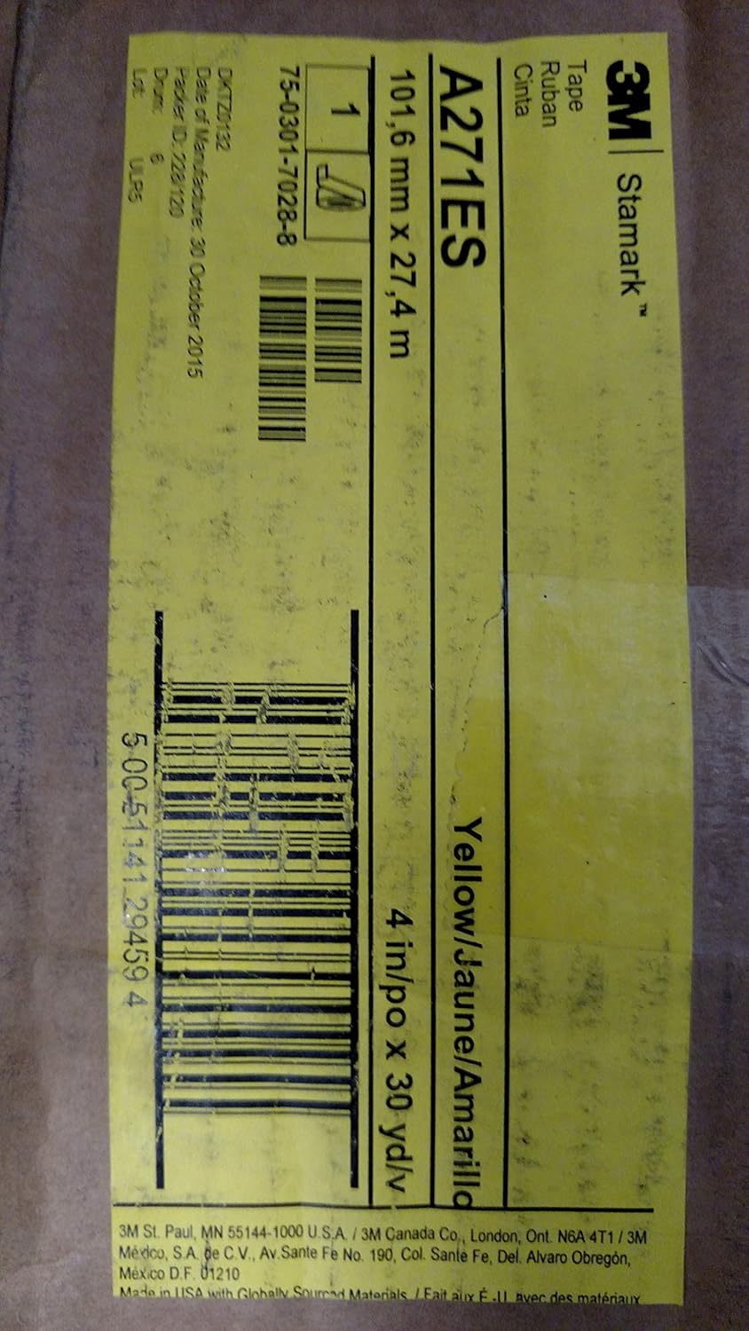 3M Stamark Pavement Marking Tape A271ES, Yellow, 4 in x 30 yd, 1Roll ...