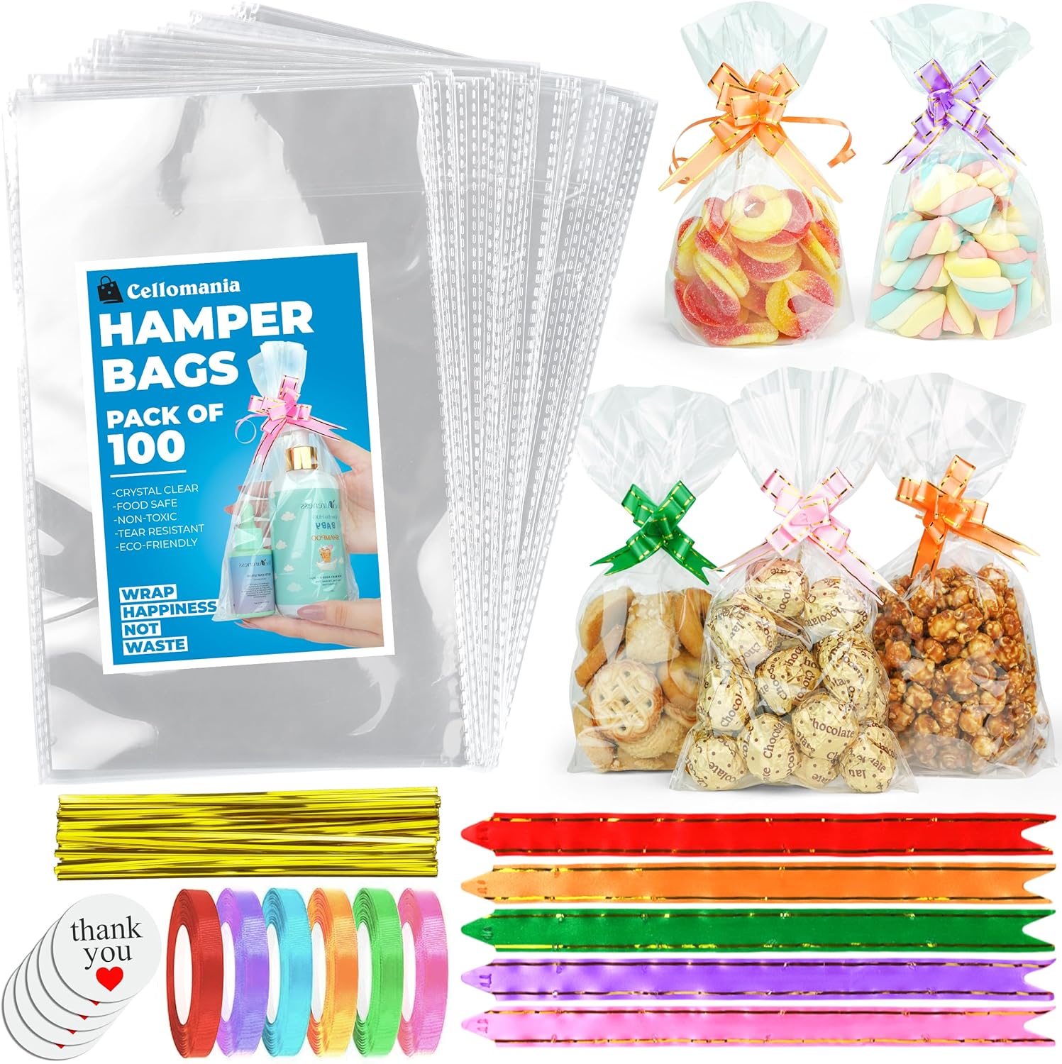 75pcs Cellophane Bags 6x10in, Food Safe Sweet Bags Cookie Bags with Mix ...