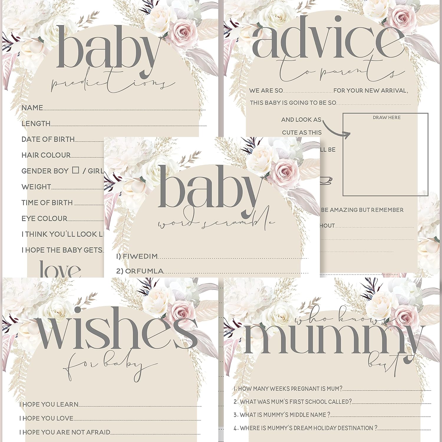 The Little Party Company Baby shower Games - Boho Pampas Rose Theme ...