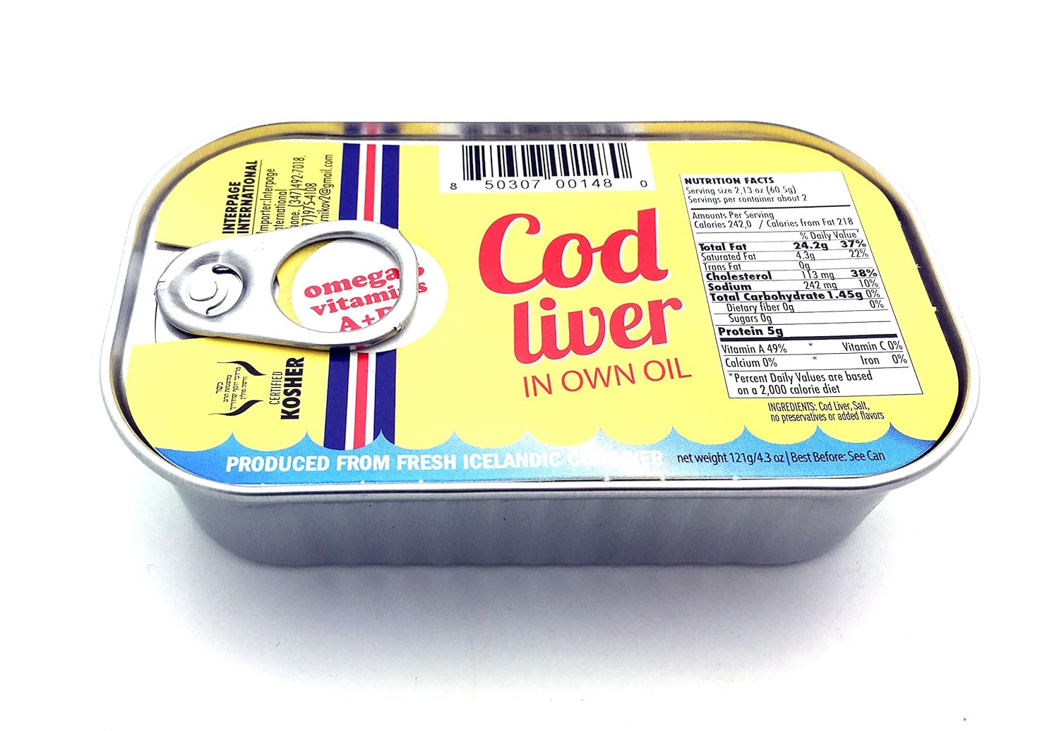 Amazon.com : Cod Liver In Own Oil 4.3 oz can, Omega 3, Kosher (Pack of ...