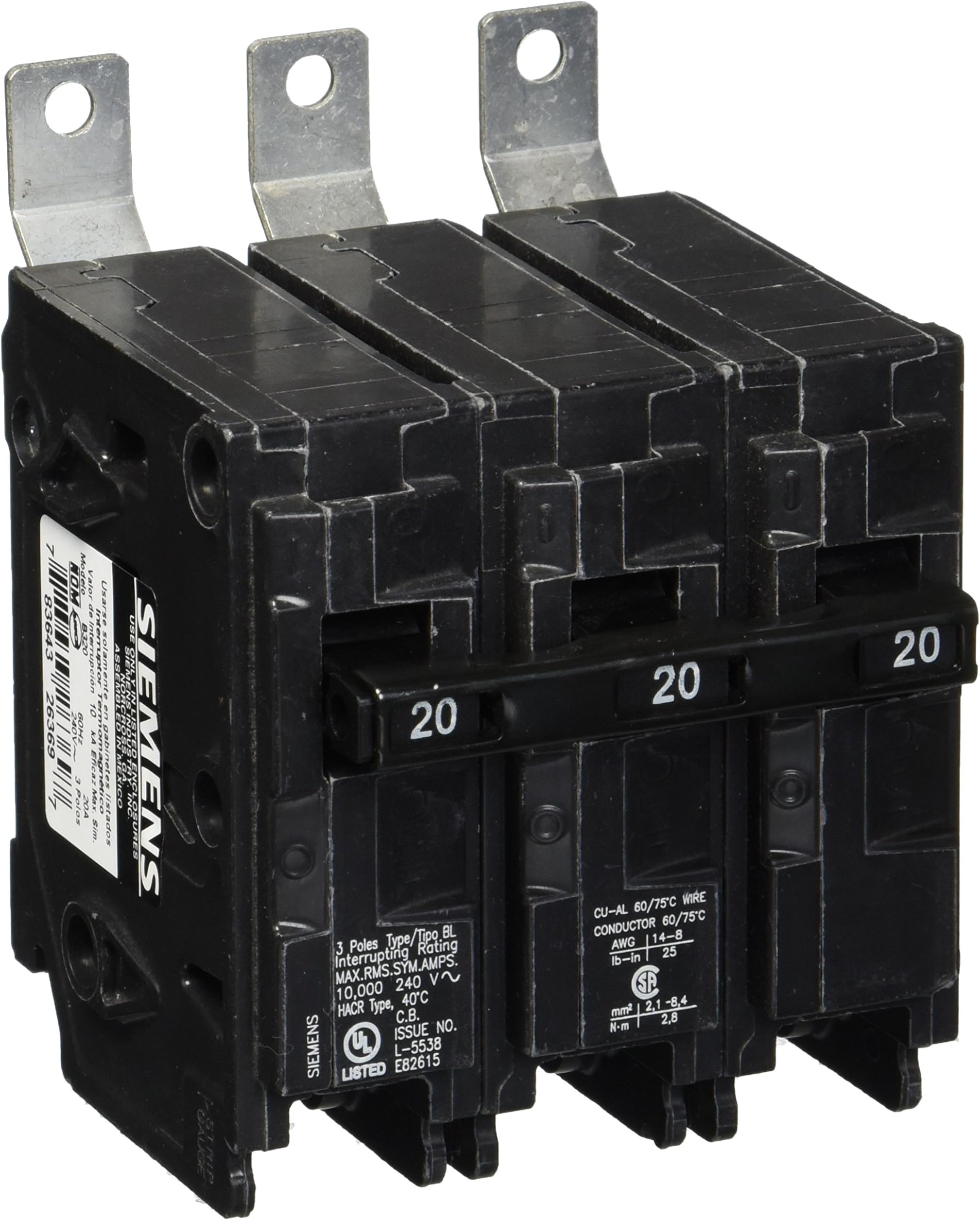 SIEMENS B320 20-Amp Three Pole 240-Volt 10KAIC Bolt in Breaker ...