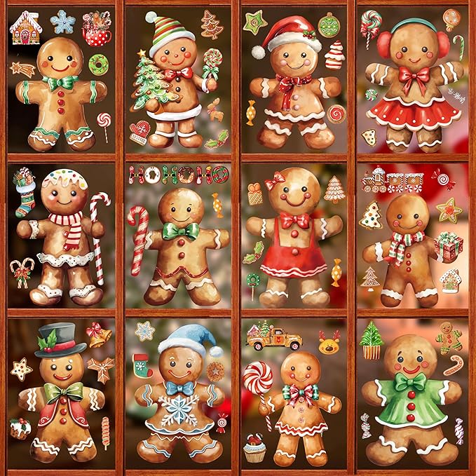 Amazon.com: 12 Sheets Christmas Window Clings, Xmas Gingerbread Candy ...
