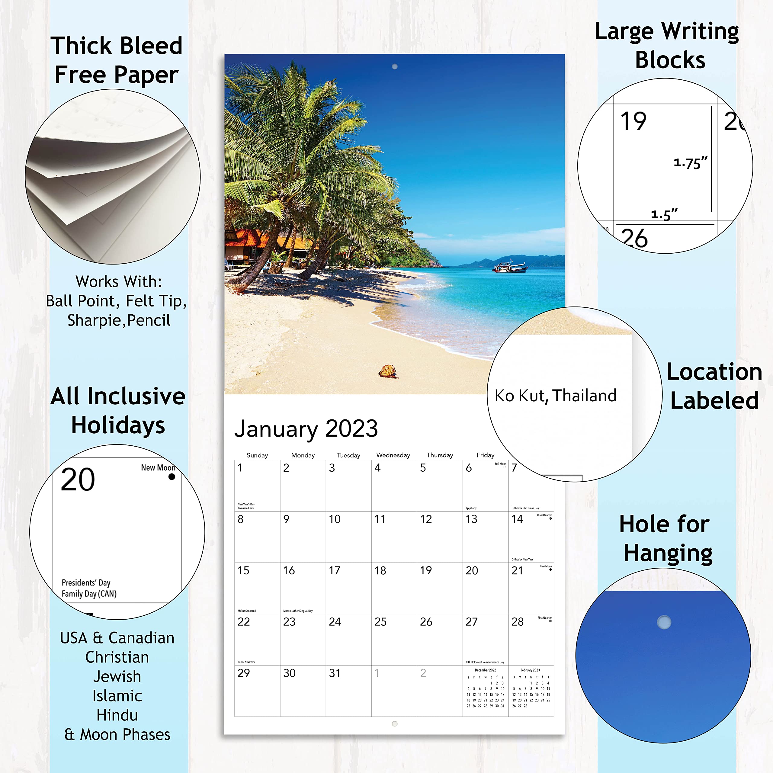 Tropical Beaches 2023 Hangable Wall Calendar - 12" x 24" Open - Sturdy ...