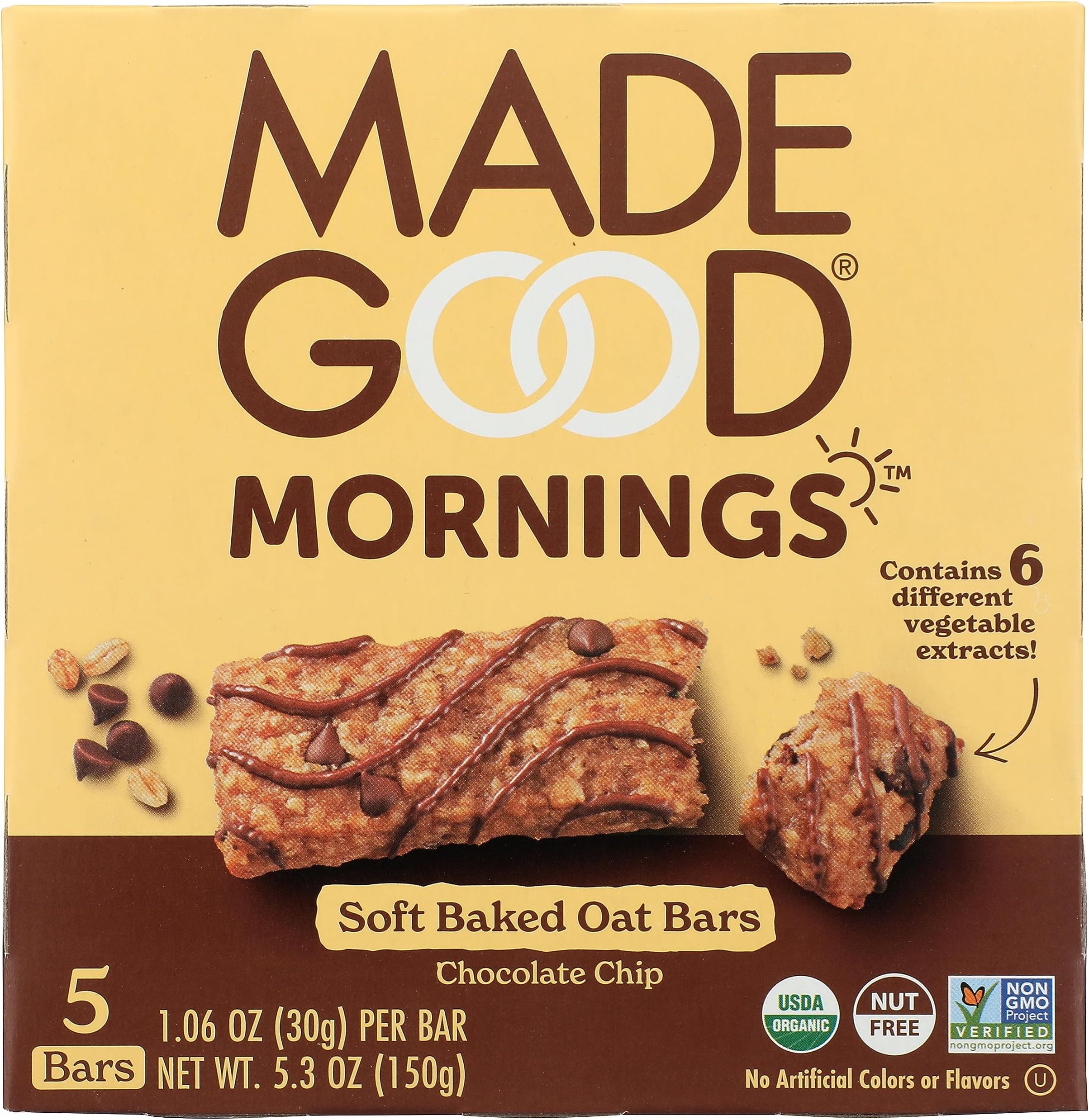 Amazon.com: MadeGood Morning Chocolate Chip Bars, 5ct/5.3oz, Organic Snacks