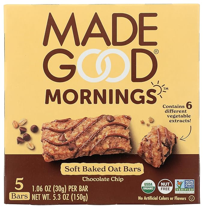 Amazon.com: MadeGood Morning Chocolate Chip Bars, 5ct/5.3oz, Organic Snacks