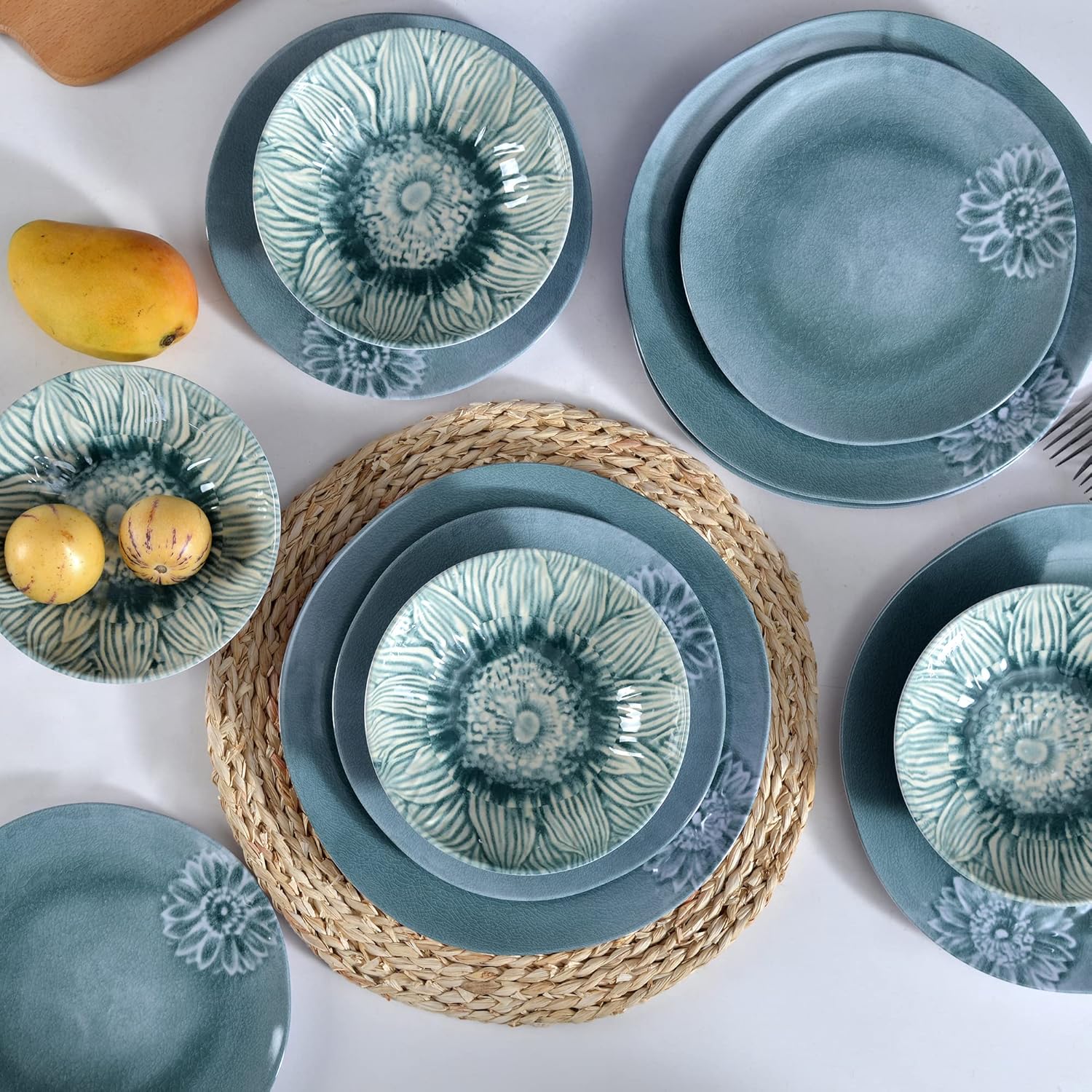 PUMELAMI Melamine Dinnerware Sets of 12Pcs,Dishes Set for 4, Blue ...