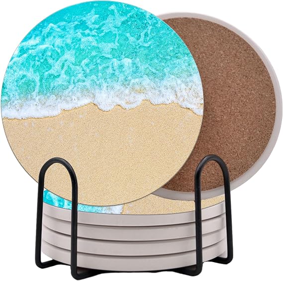 Amazon.com: Ocean Coastal Theme Round Coasters Set of 6 - Abosrbent ...