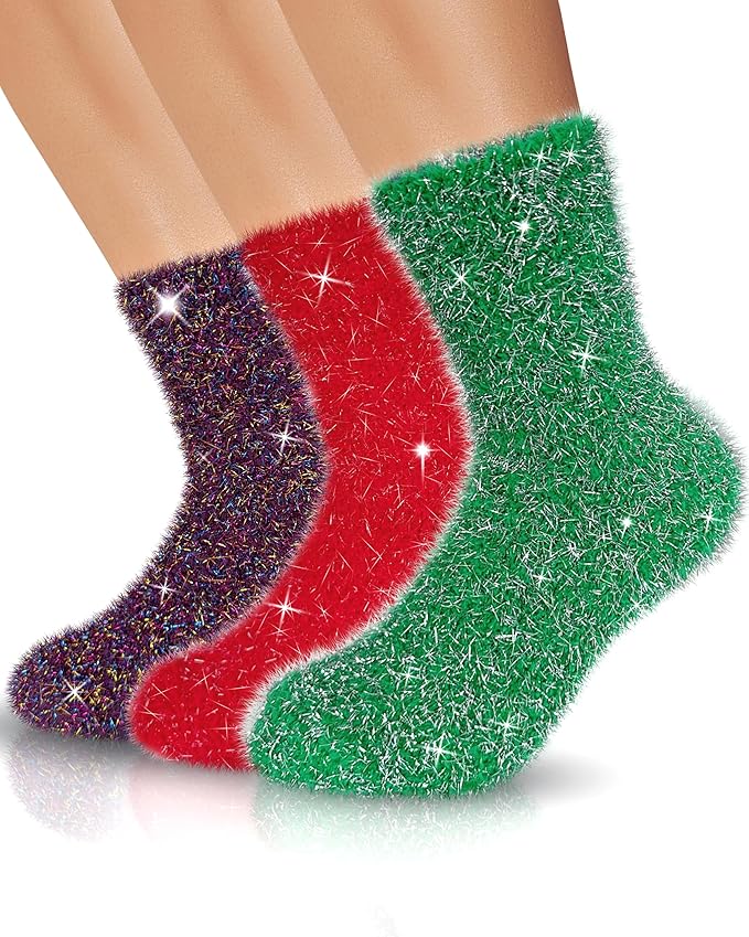 AIVEI Valentines Day Gifts for Her Womens Sparkly Fuzzy Socks Funny Cute Soft Warm Socks 3 Pairs ...