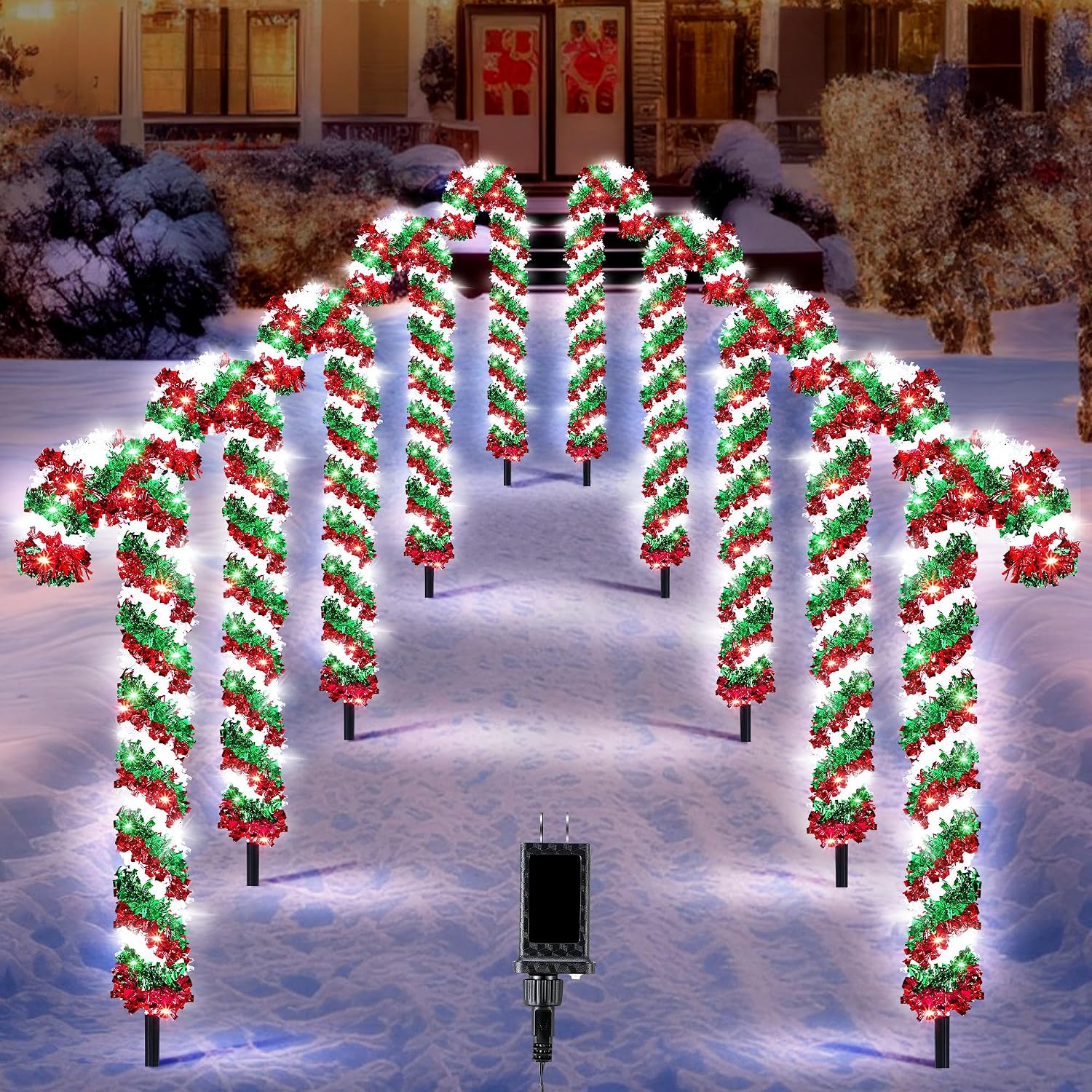 Enhon 10 Pack Christmas Candy Cane Lights with Stakes, Tinsel Christmas ...