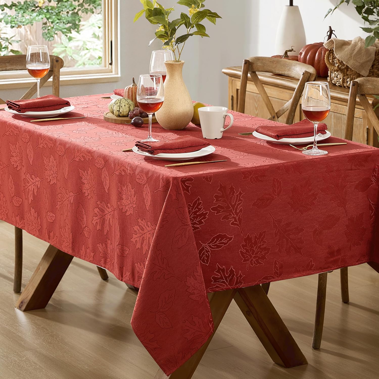 Amazon.com: Newbridge Sienna Red Fancy Leaves Damask Fabric Tablecloth ...