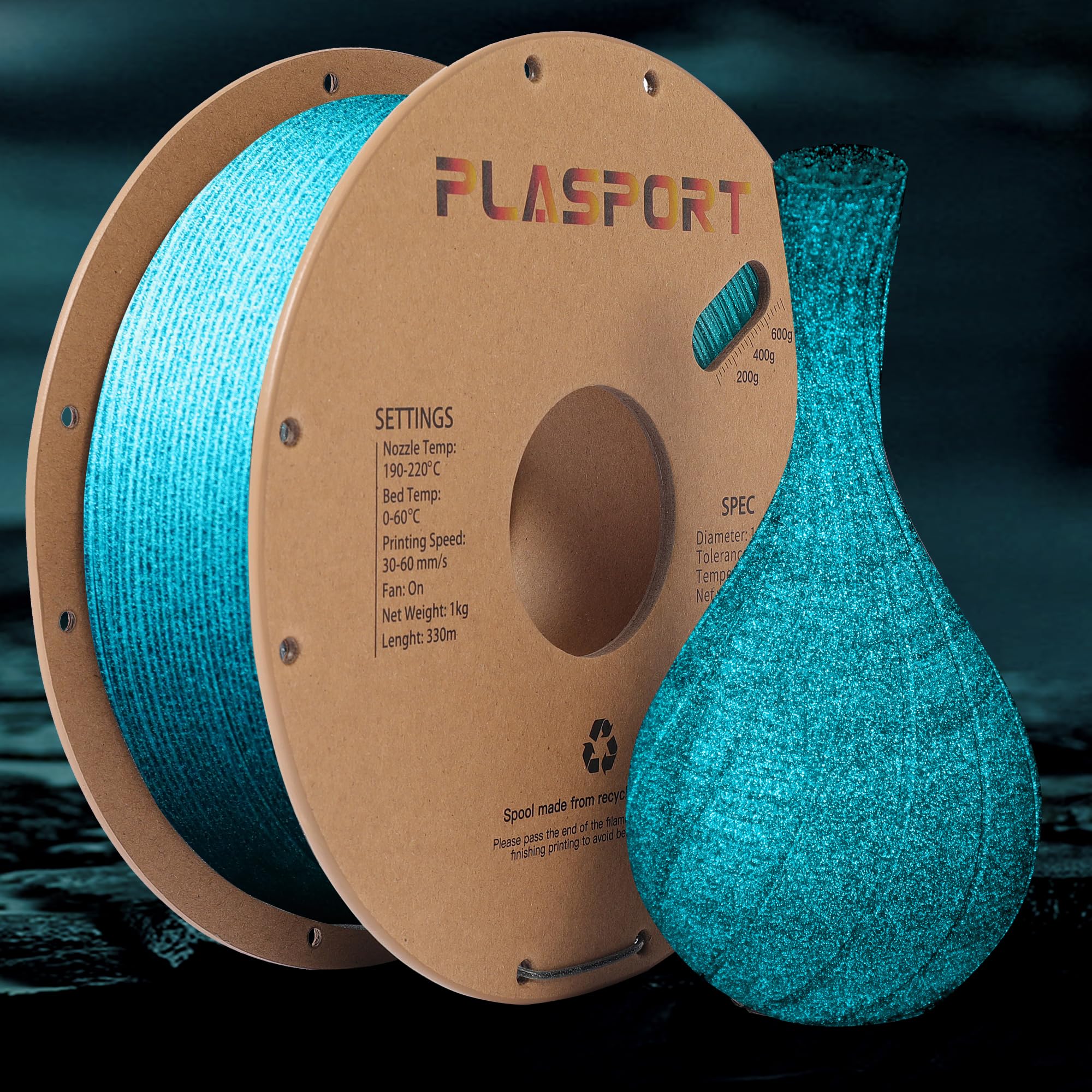 PLASPORT 3D Printer Filament, UV Light Glitter PLA, Black-Blue Starry ...